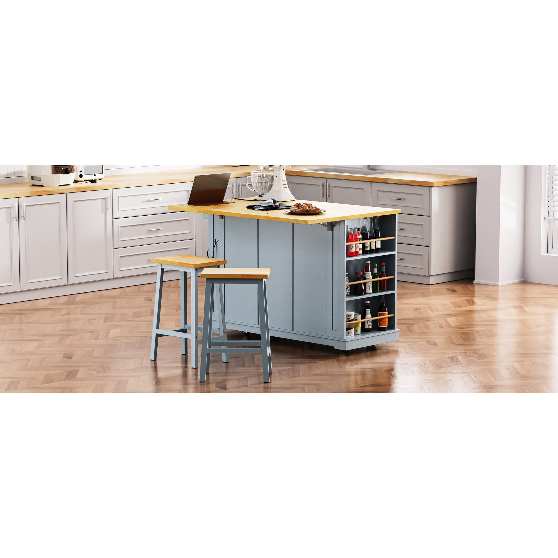 Grey-blue 53inch Kitchen Island - With Internal Storage, Foldable Drop Leaf For Kitchen, And ...