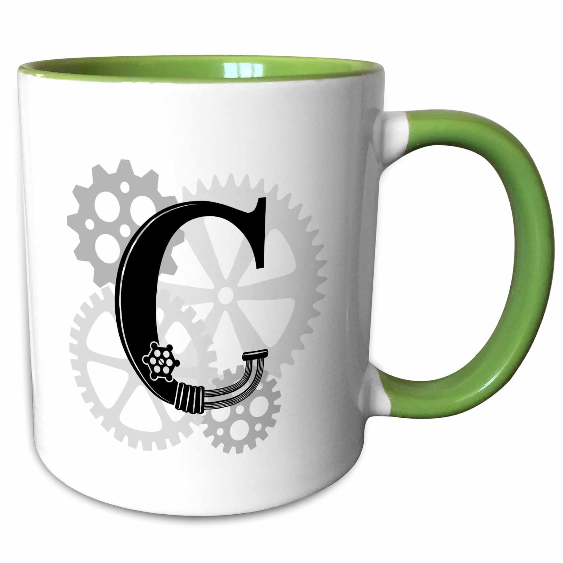 Grey cogs, gears. Mechanics, machinery. Awesome black letter C 15oz Two ...