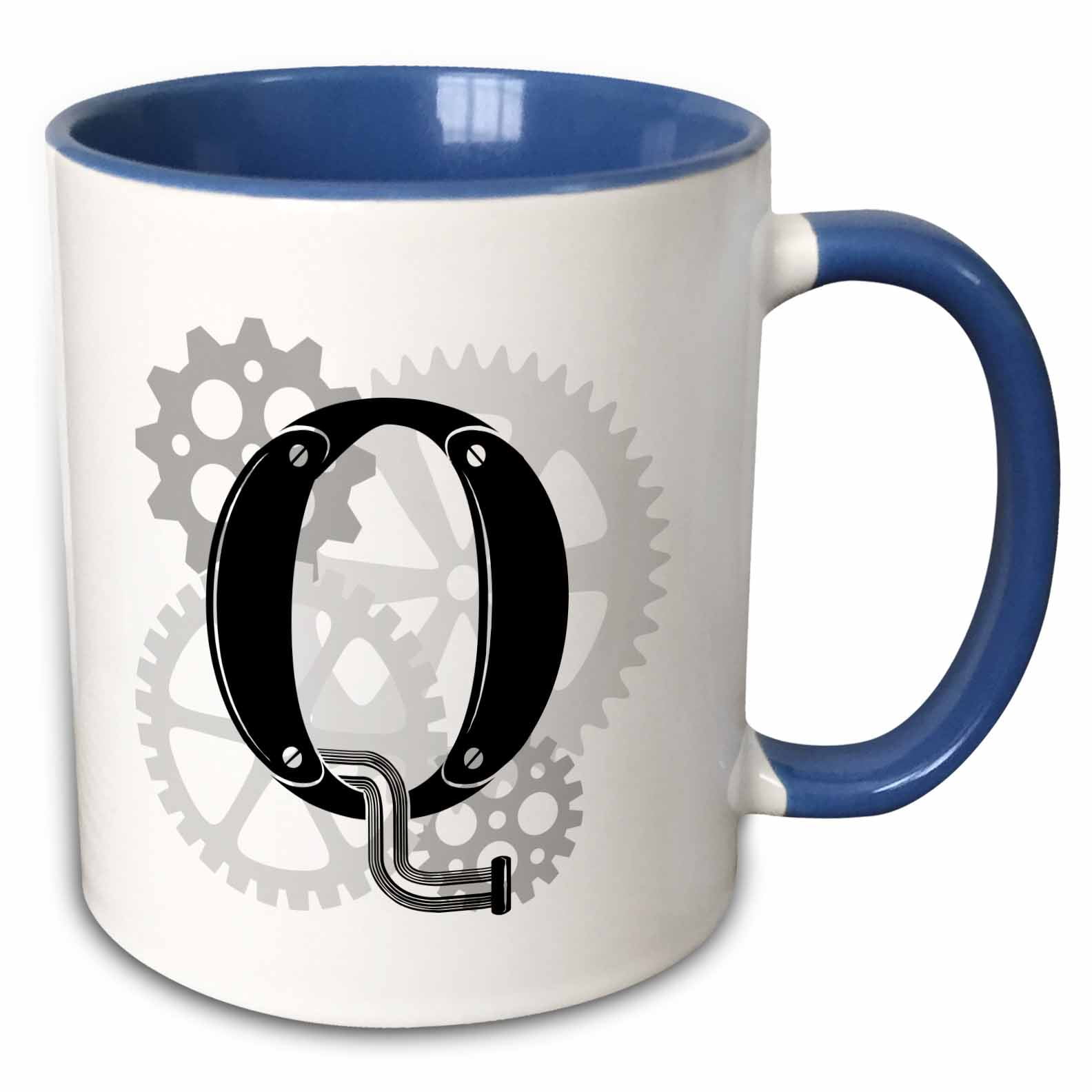 Grey cogs, gears. Mechanics, machinery. Cute black letter Q 11oz Two ...
