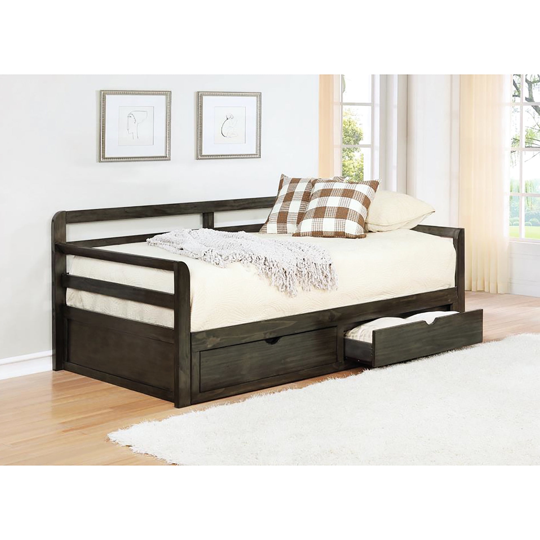 Grey daybed with pull-out sleeper and 2 drawers - Practical choice for ...