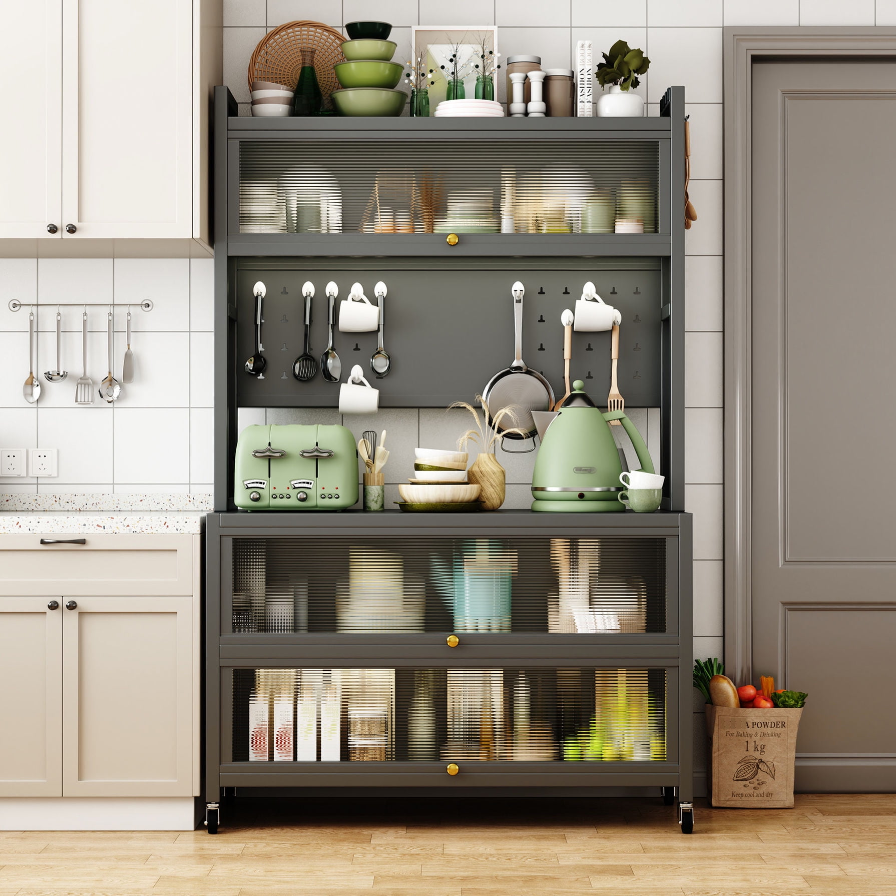 Grey microwave shelf - Double open door - Kitchen corner - Optimal use ...