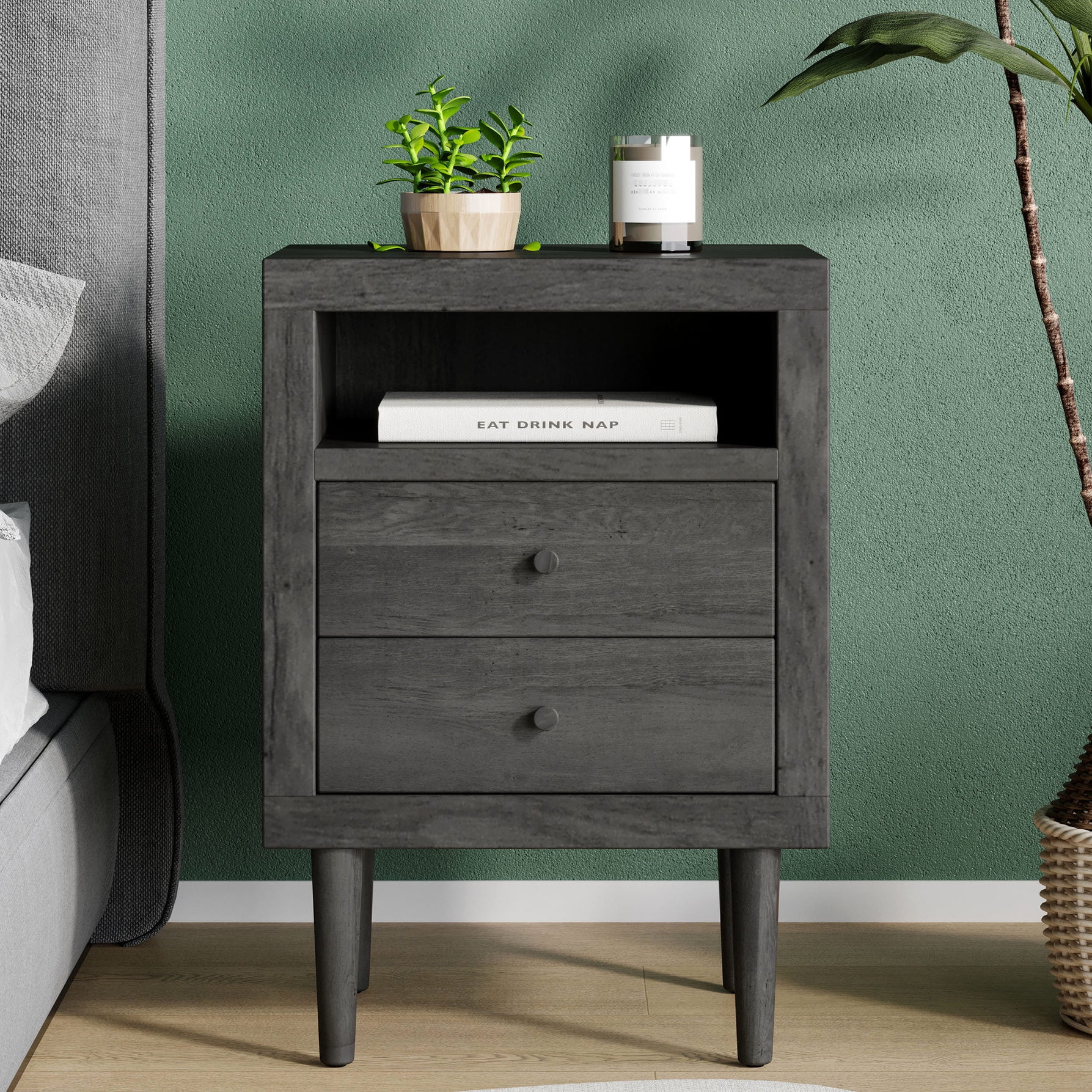 Grey mid-century nightstand/In bedroom use case/Have smooth surface ...