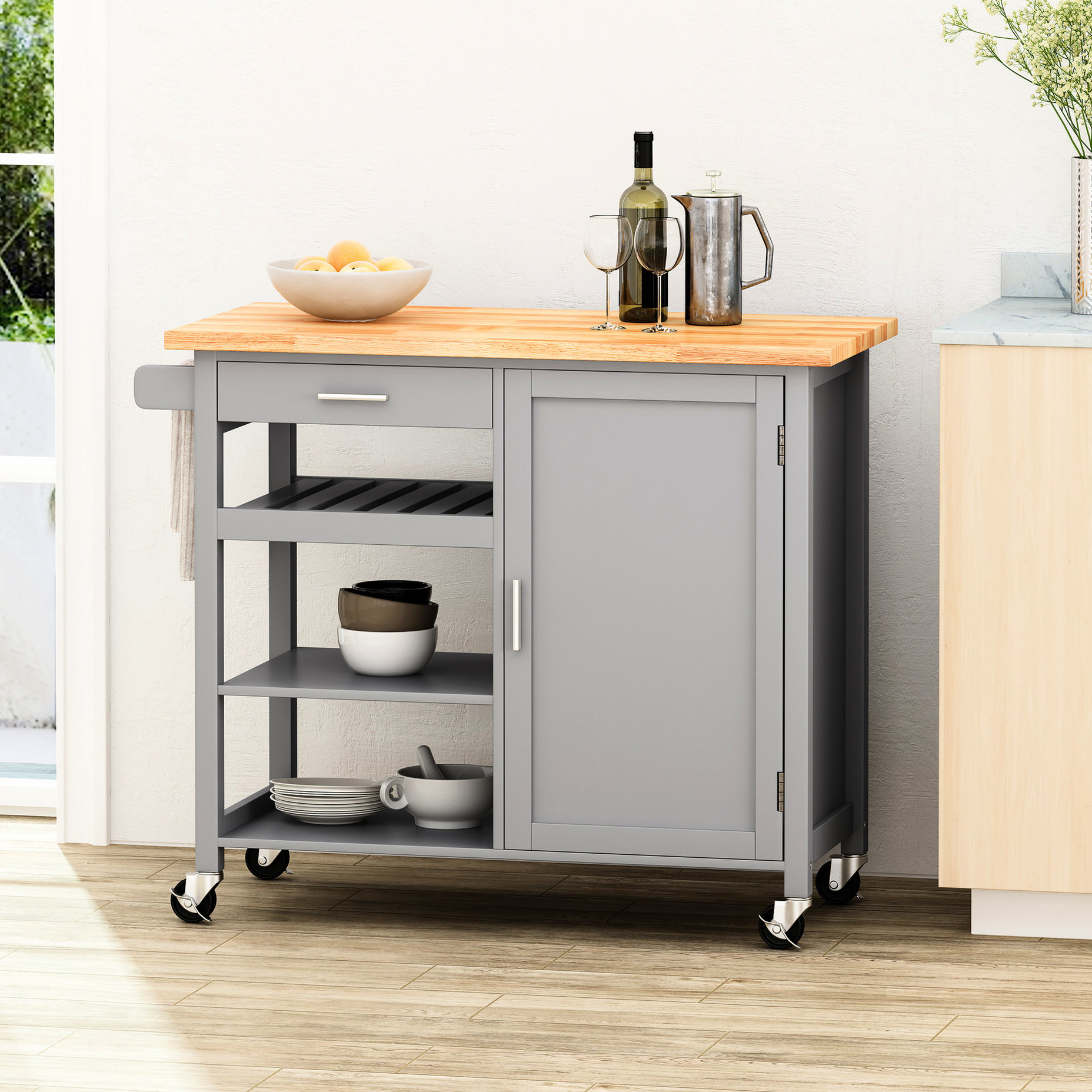 Grey wood kitchen cart with clean lines and rubberwood top for modern ...