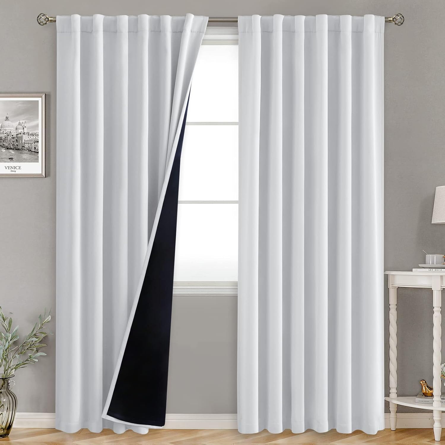 Greyish White 100% Blackout Curtains 84 Inches Long with Noise-reducing ...