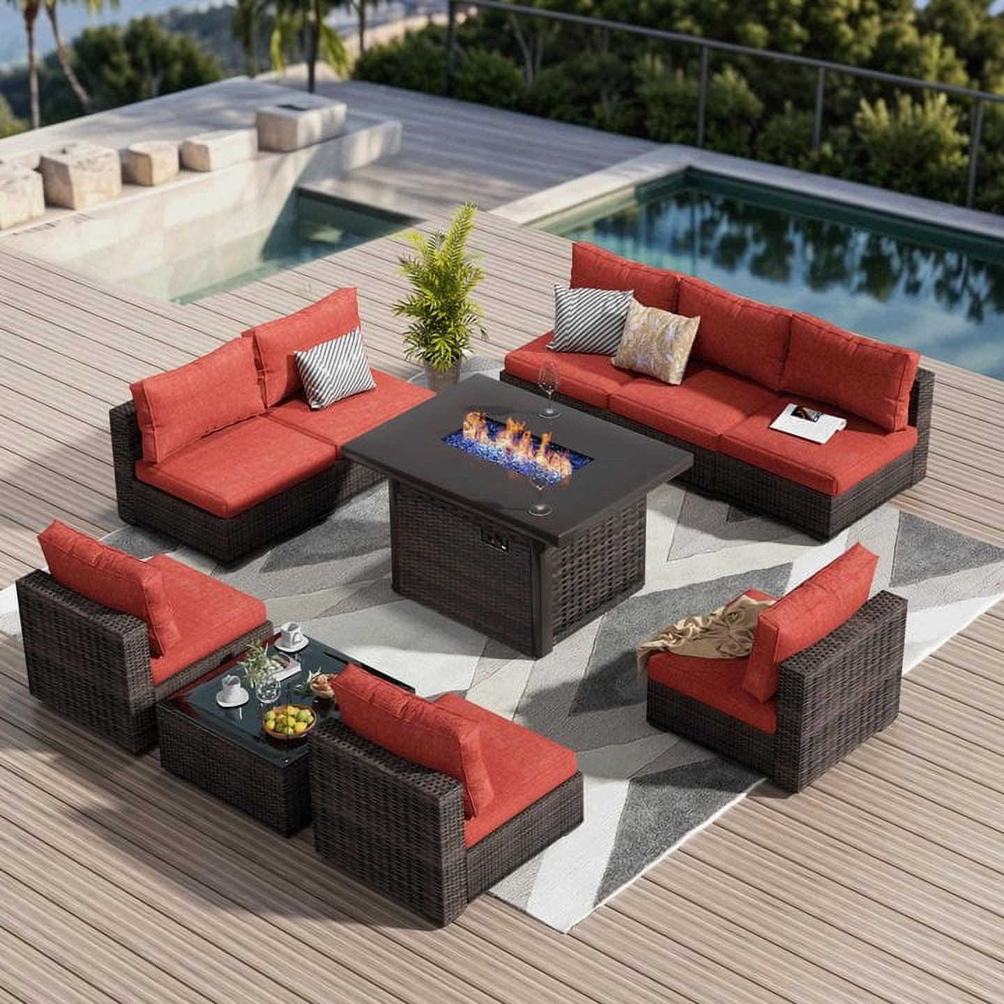 Grezone 10 Piece Patio Furniture Set with Fire Pit Table, All Weather ...