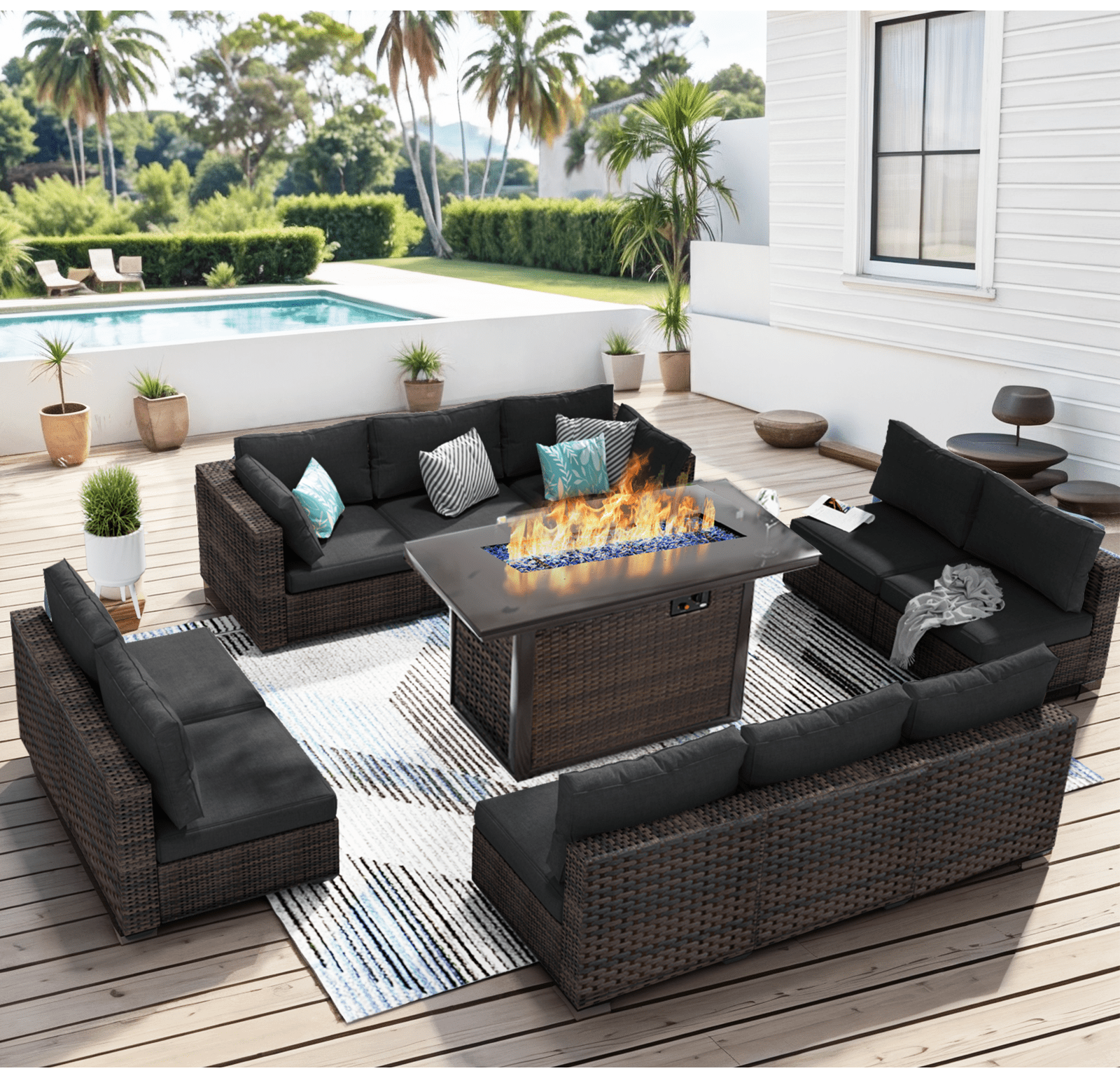 Grezone 11-Piece Outdoor Patio Furniture Set with Fire Pit, Wicker ...