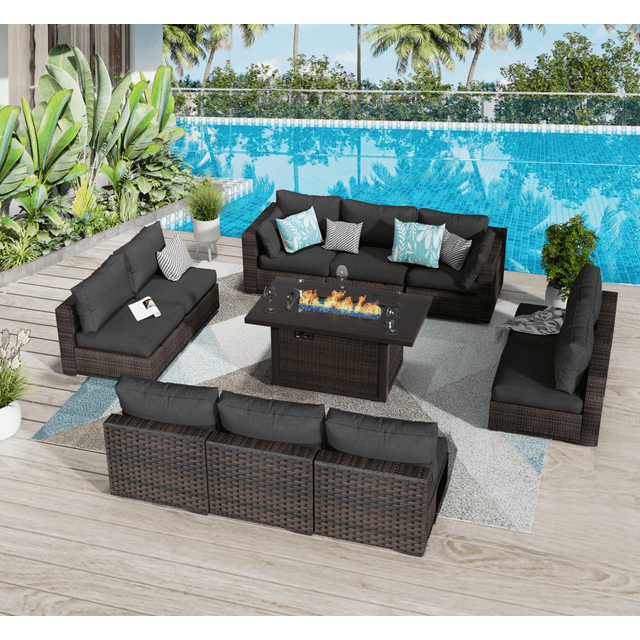 Grezone 11 PCS Outdoor Patio Furniture Set with Fire Pit Table, Wicker ...