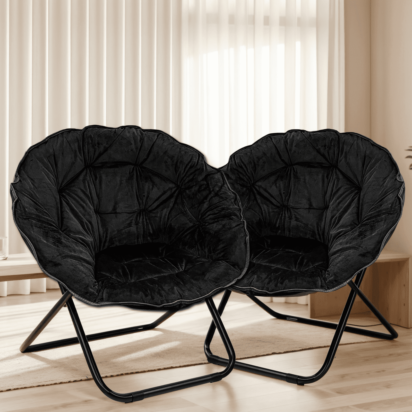 Grezone Foldable Saucer Chair, 2 Pieces Round Moon Chair with Metal ...