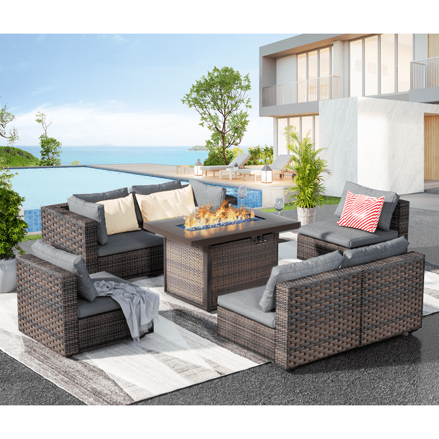 Grezone 7-Piece Outdoor Patio Furniture Set with Gas Fire Pit, Wicker ...