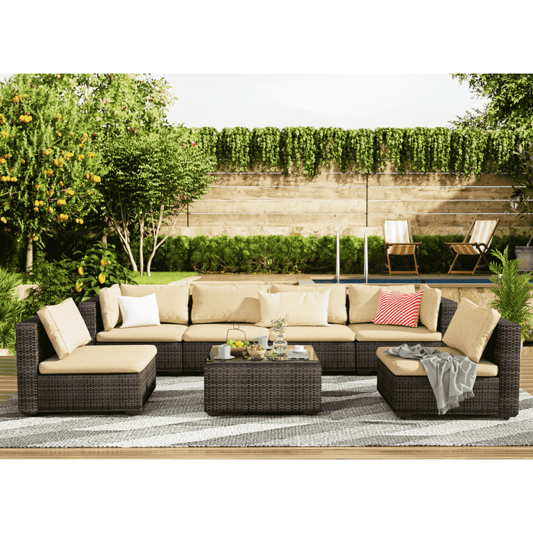 Grezone 7 Patio Outdoor Furniture Wicker Sectional Sofa Couch Lawn Sectional Beige