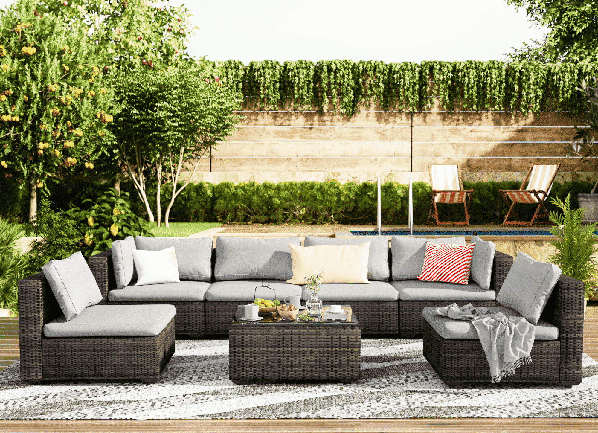 Grezone 7 Patio Outdoor Furniture Wicker Sectional Sofa Couch Lawn Sectional Beige