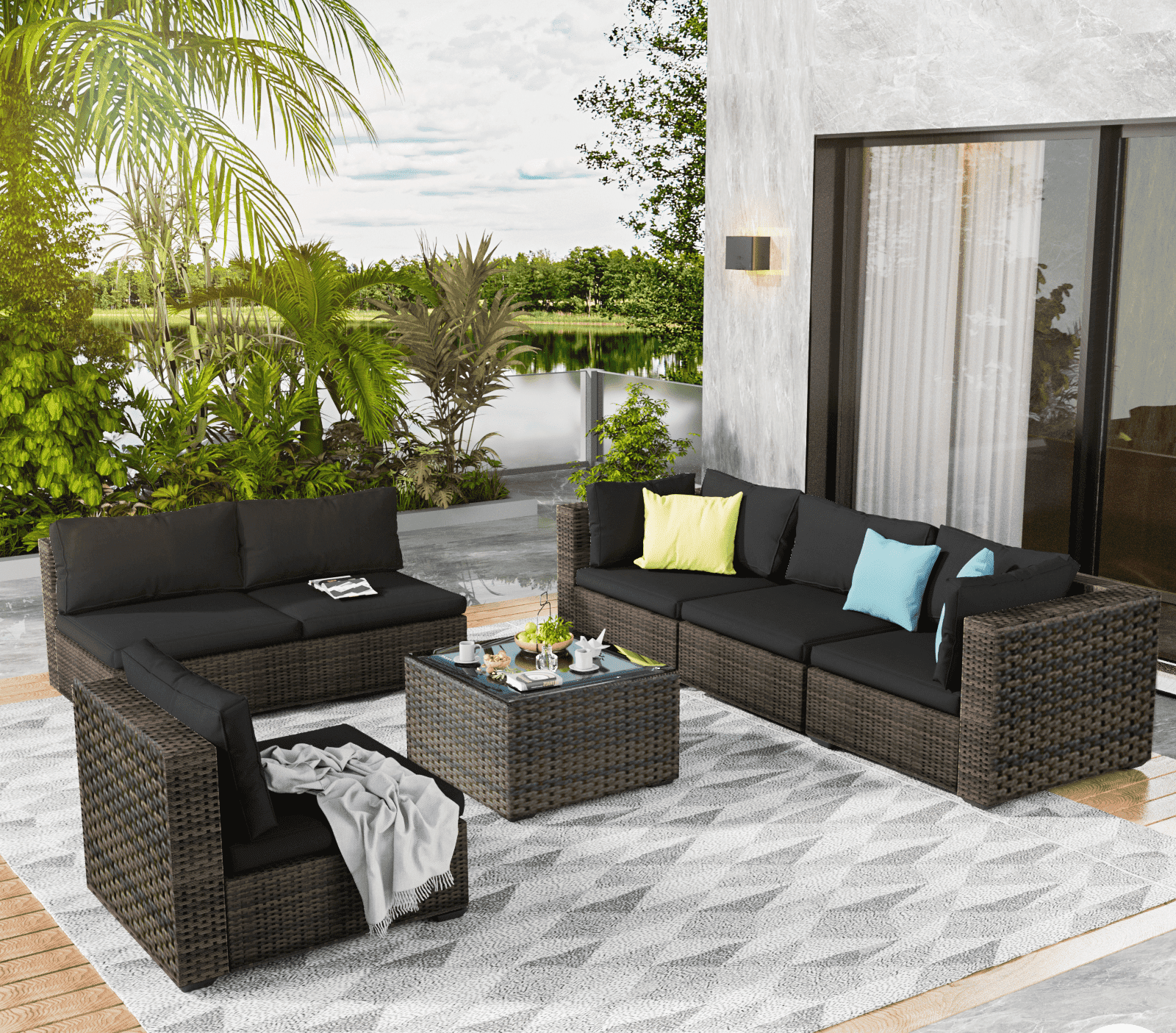 Grezone 7-Piece All-Weather Outdoor Patio Furniture Set, PE Rattan ...