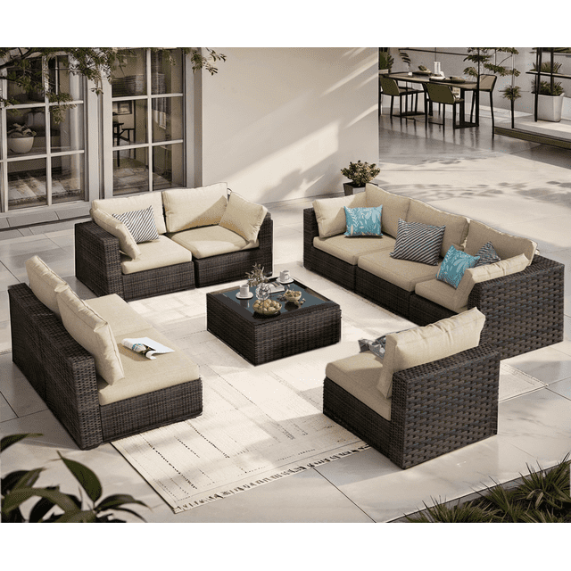 Grezone Outdoor Patio Furniture: 9-pc PE Wicker Rattan Sofa ...