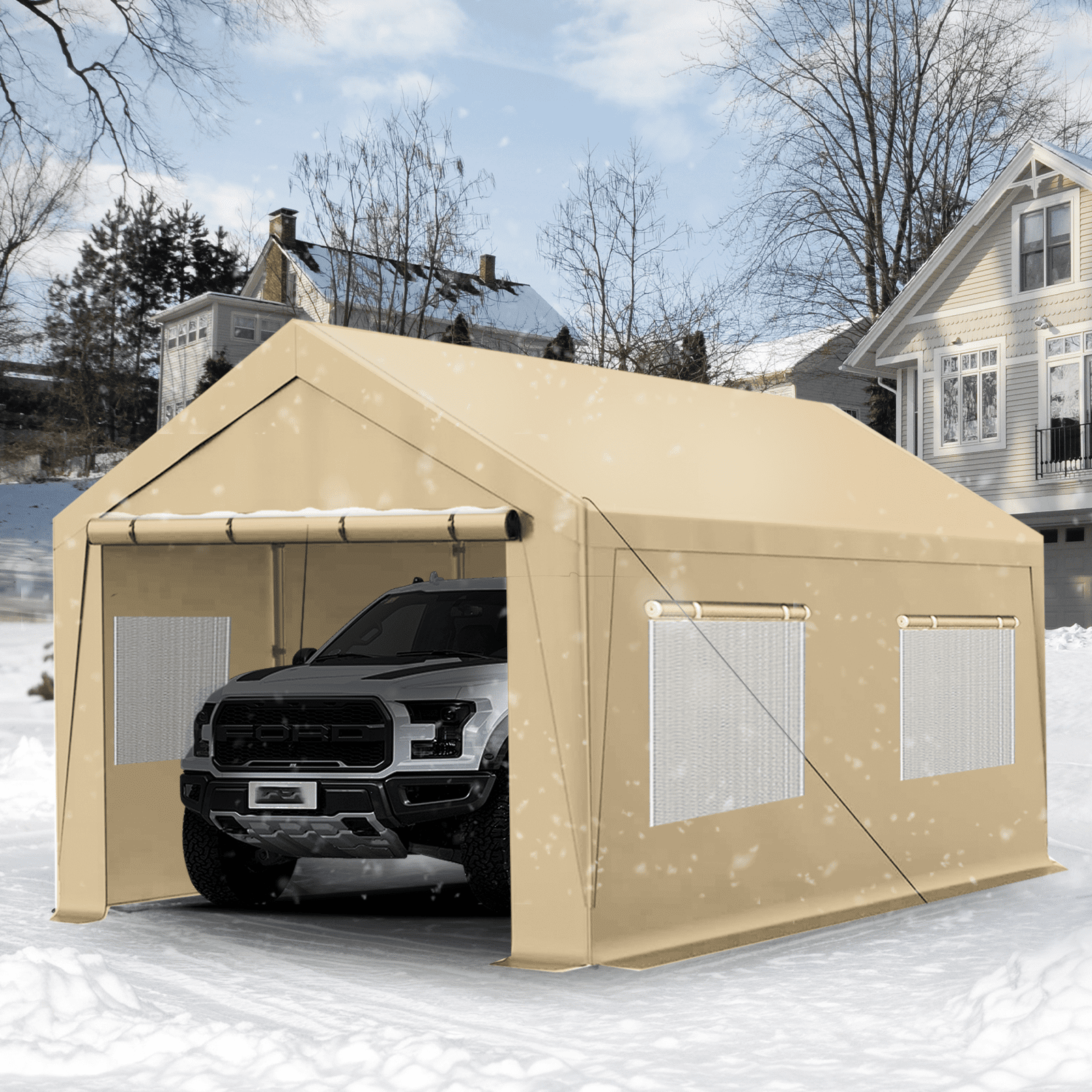 Grezone Carport, Enclosed Car Canopy 10x20x9FT, 4 Air Permeability ...