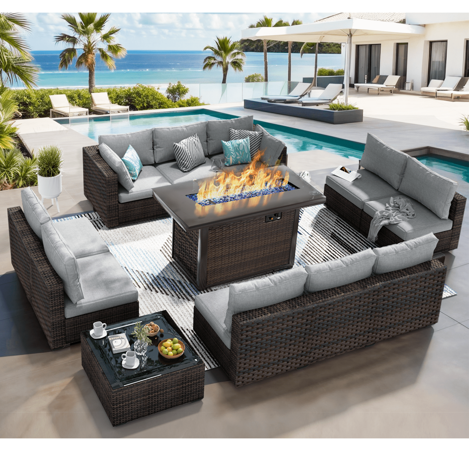Grezone Outdoor Garden 12 Piece Patio Furniture with 43" 55000BTU Gas ...