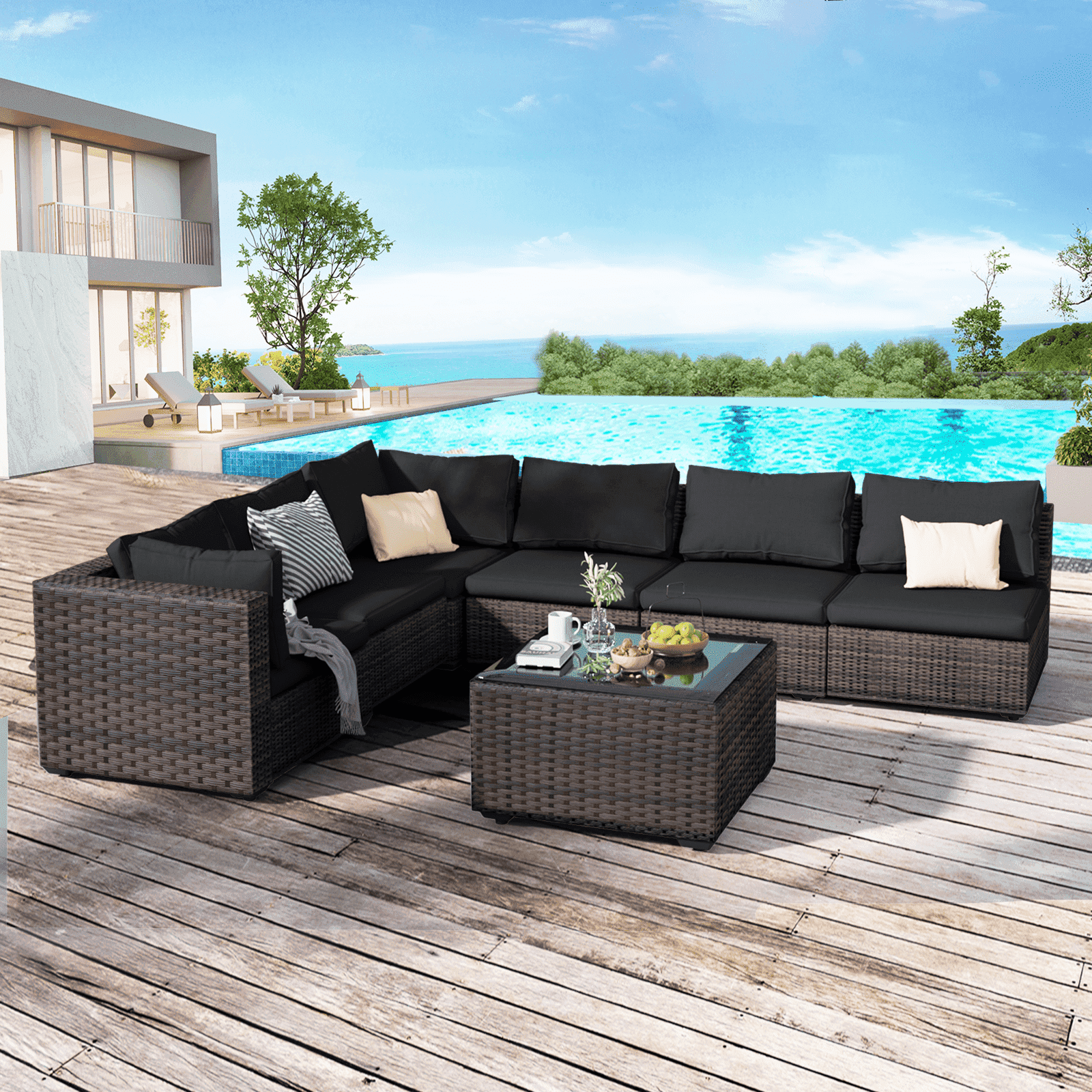 Grezone Outdoor Patio Furniture Sets 7 Pieces Wicker Sectional Porch ...