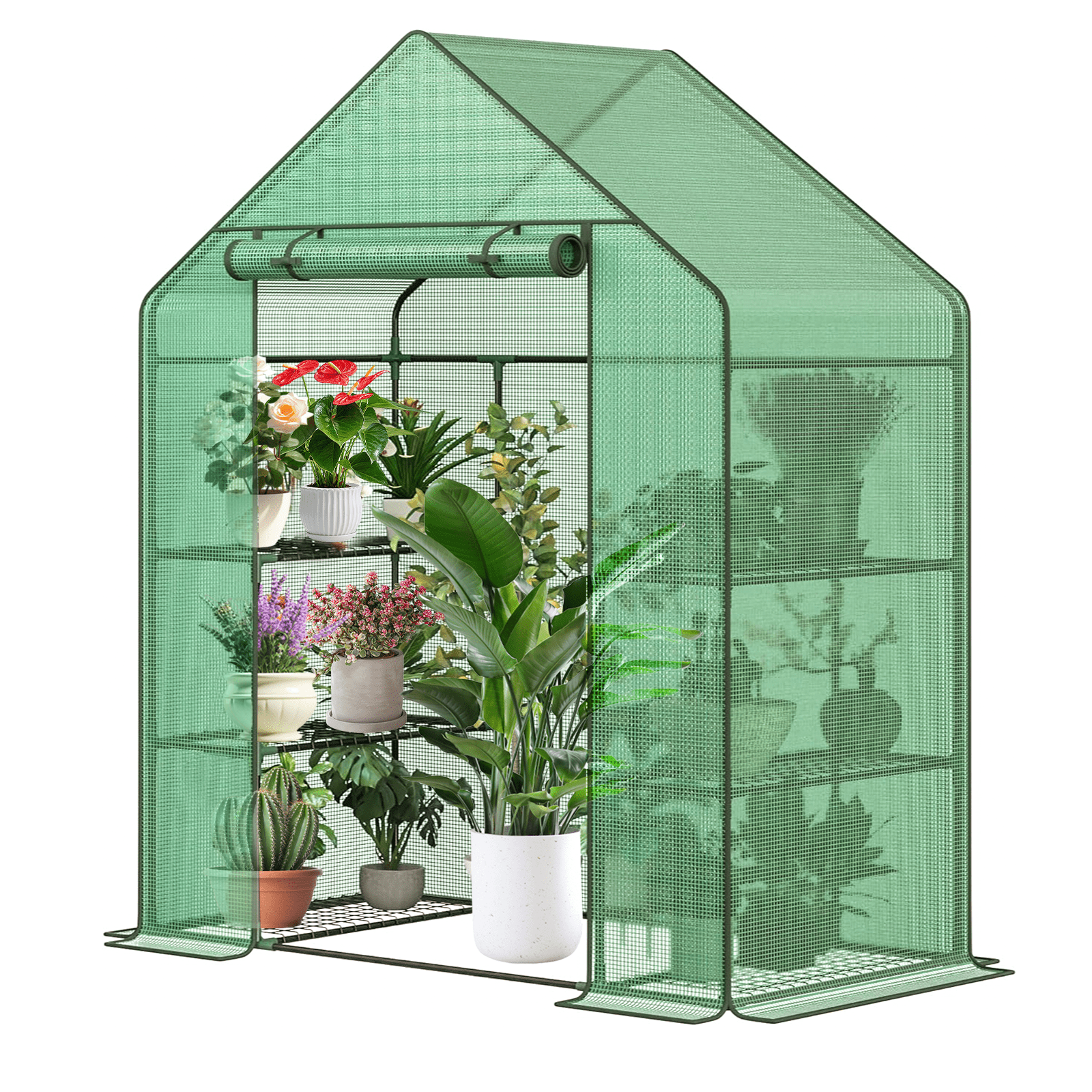 Grezone Small Greenhouse with Anchors and Ropes, 3 Tier 4 Wired Shelves ...