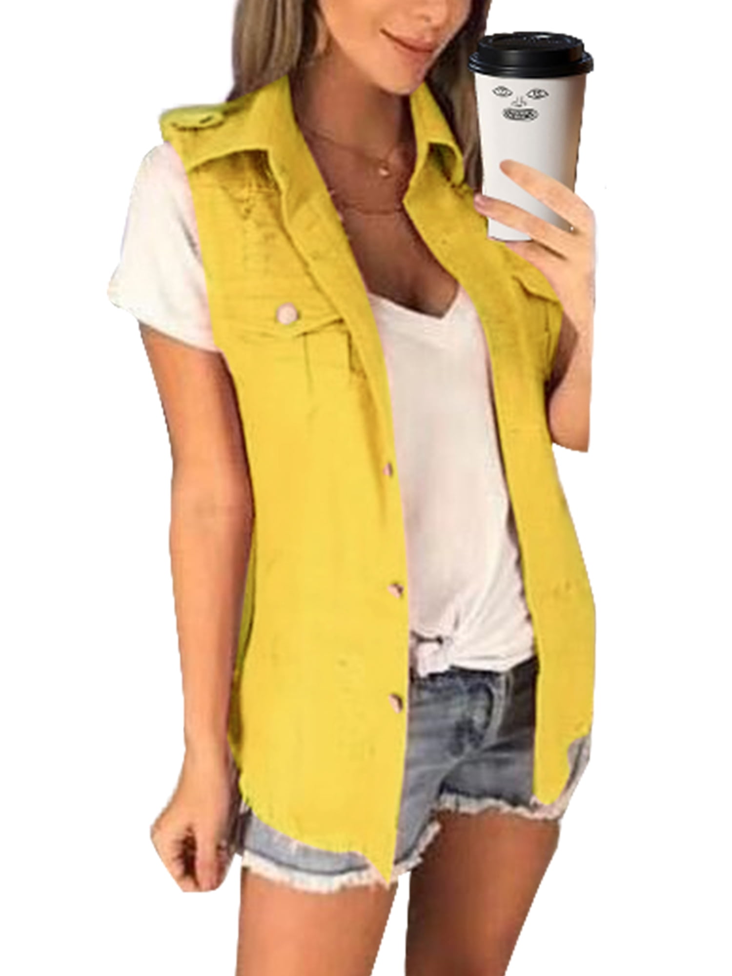 Grianlook Casual Denim Jean Vest for Women Distressed Sleeveless Jean ...