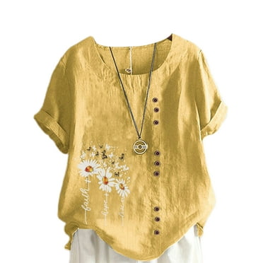 Mordenmiss Women's Cotton Linen Tunic Tops Jacquard Blouses T-Shirt ...