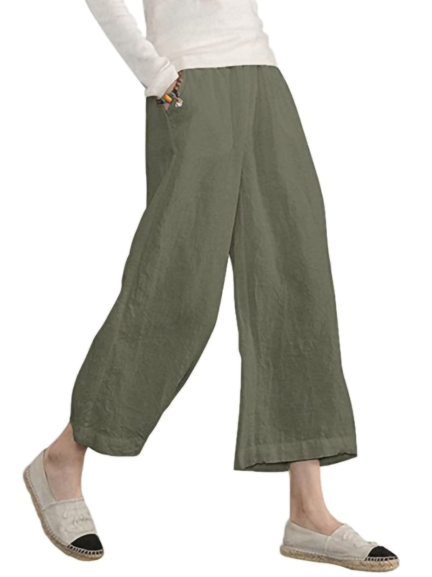 Grianlook Crop Pants for Women Linen Capris Elastic Waist Wide Leg ...