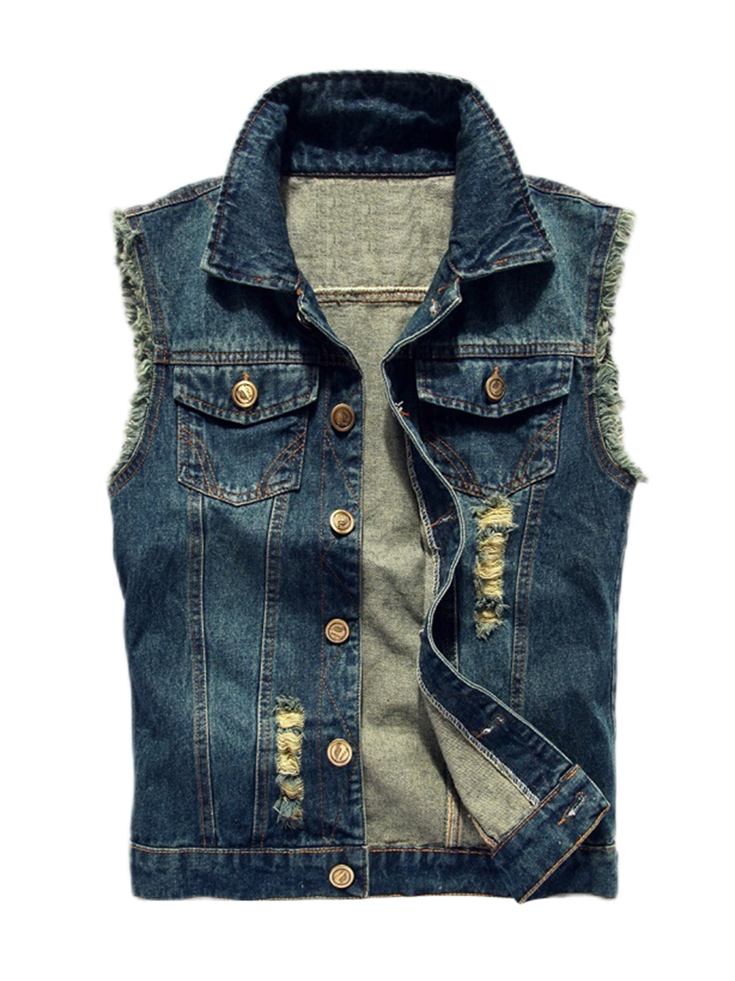 Grianlook Denim Vest for Men Lapel Sleeveless Slim Fit Retro Ripped ...