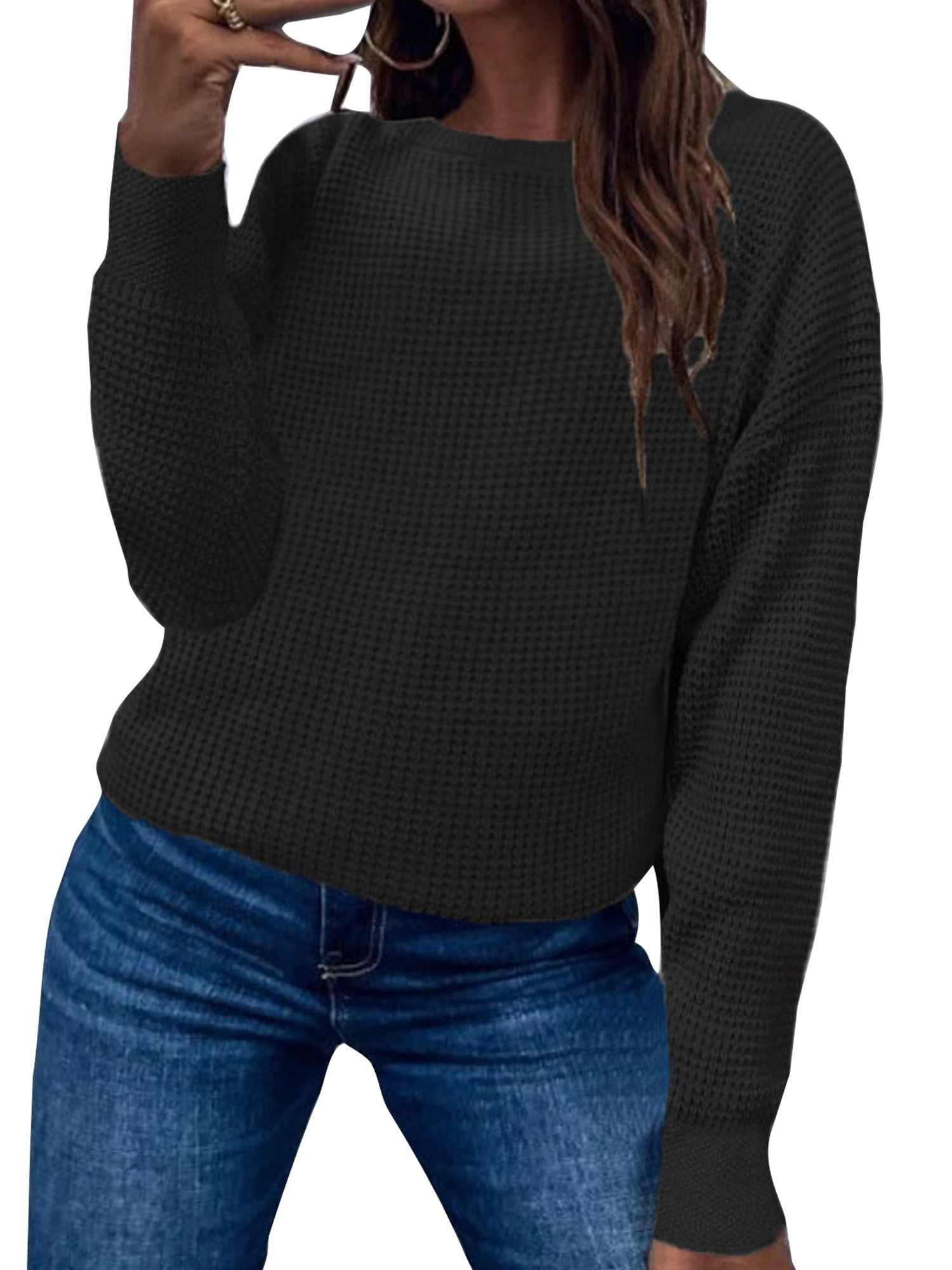Grianlook Ladies Baggy Waffle Knit Sweater Long Sleeve Solid Color ...