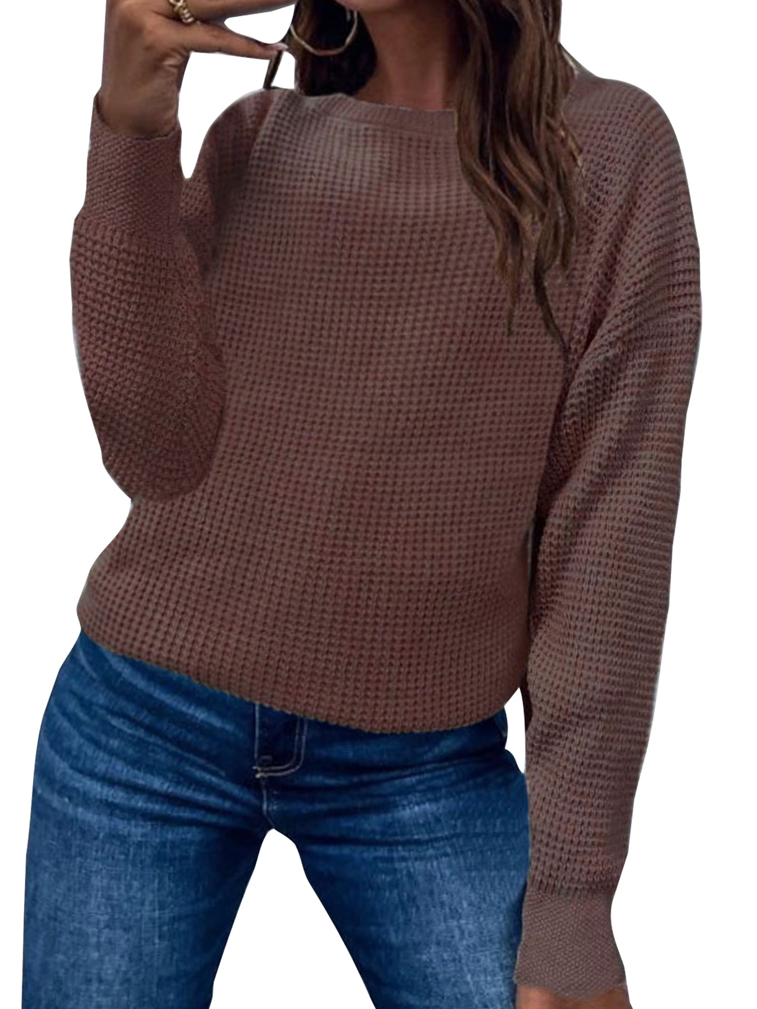Grianlook Ladies Baggy Waffle Knit Sweater Long Sleeve Solid Color ...
