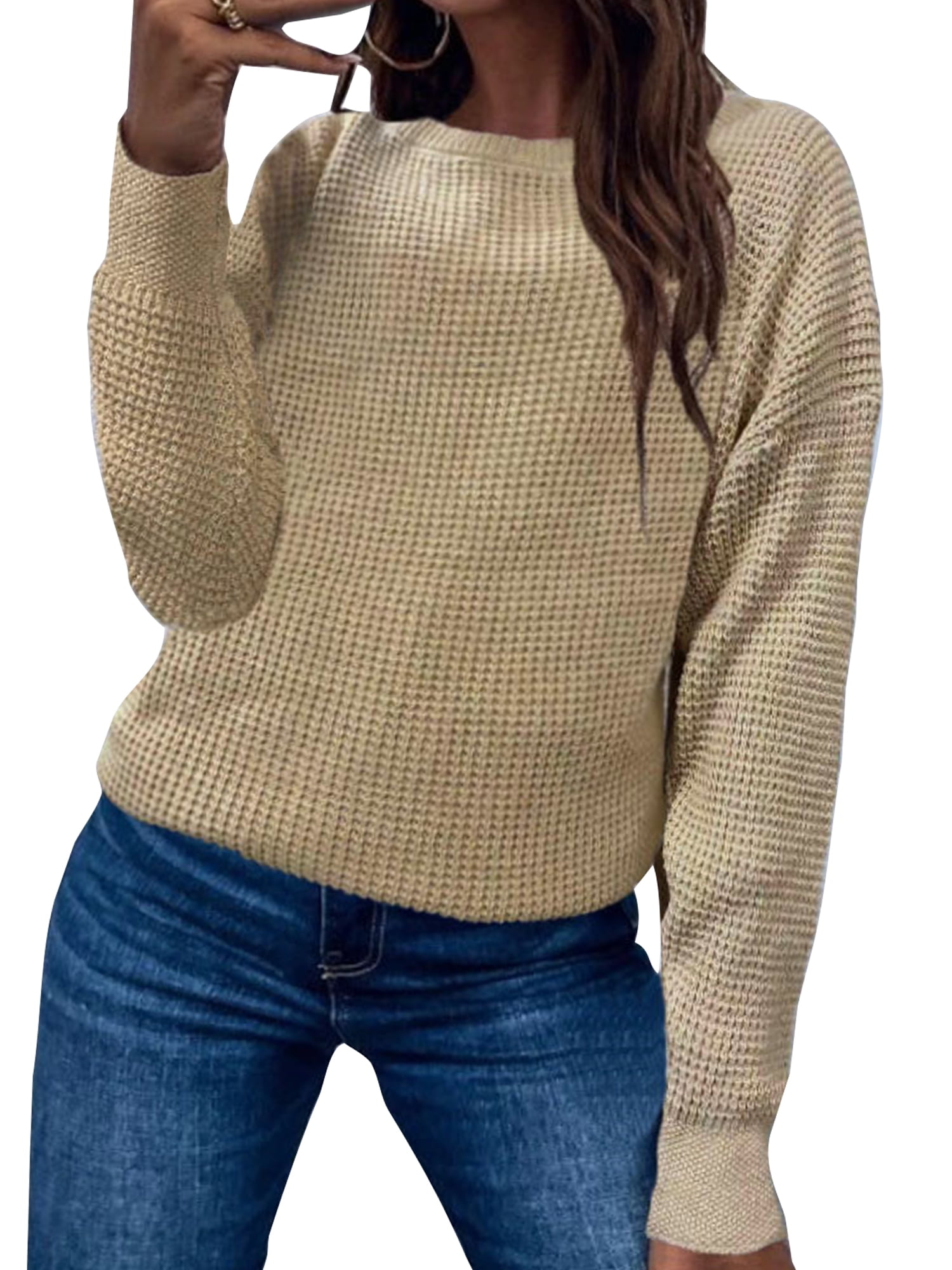 Grianlook Ladies Baggy Waffle Knit Sweater, Long Sleeve, Crew Neck ...