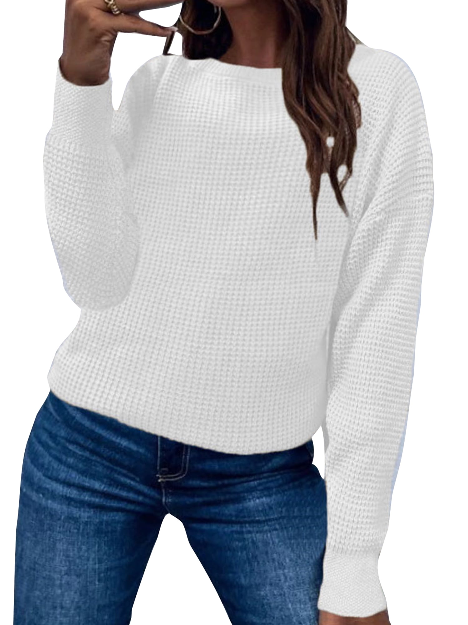 Grianlook Women's Baggy Waffle Knit Sweater, Long Sleeve Solid Color ...