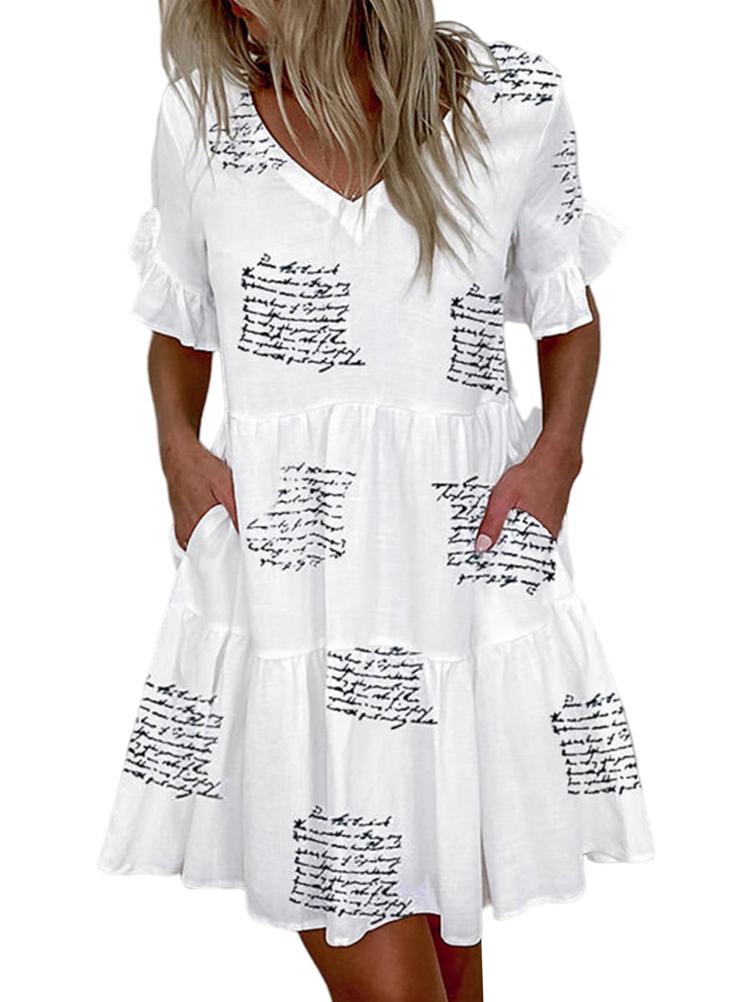 Grianlook Ladies Casual Letters Print Dress Tunic Side Pockets Dresses ...