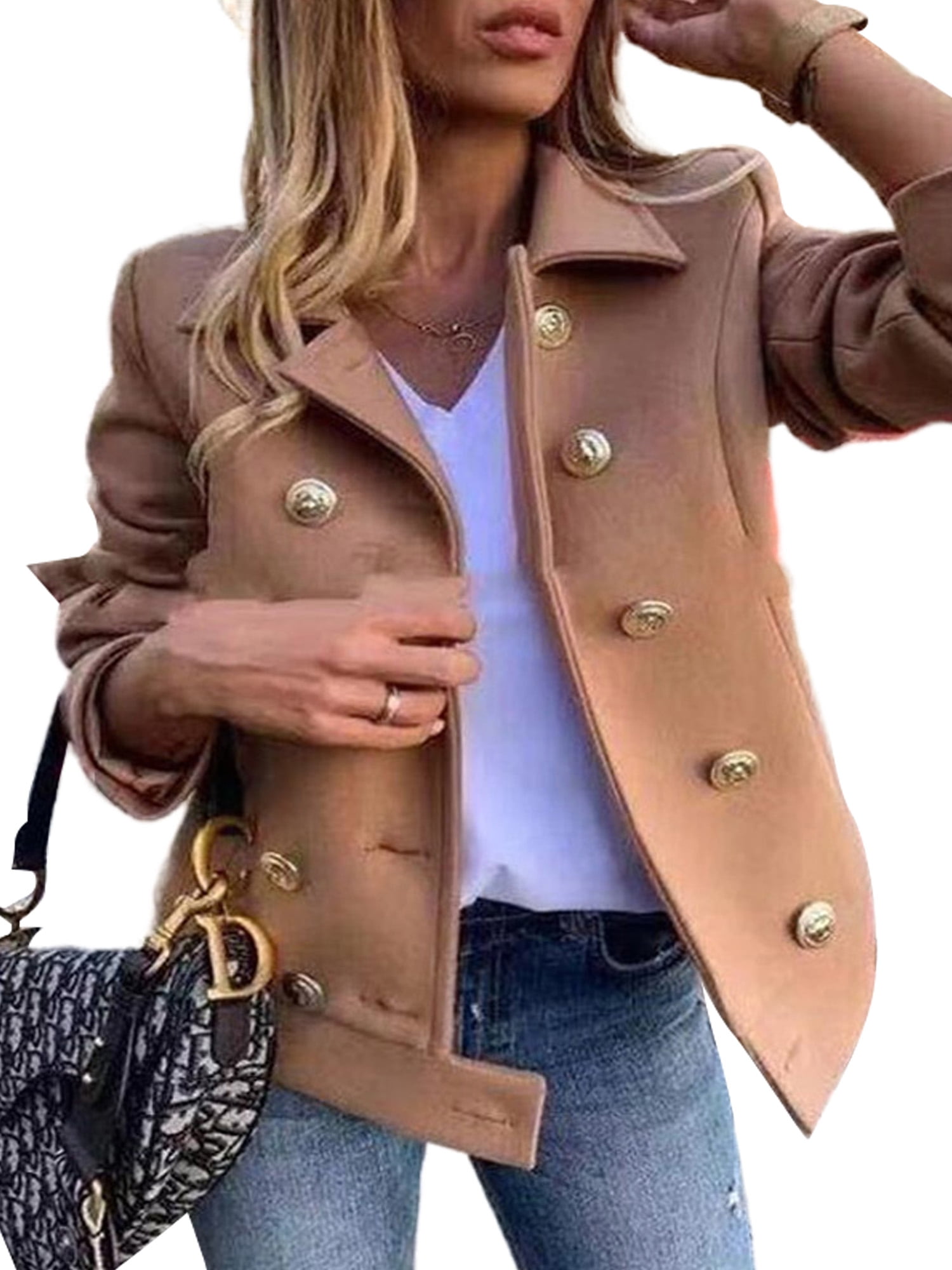 Grianlook Ladies Classic Solid Color Jacket Lapel Double Breasted Short ...