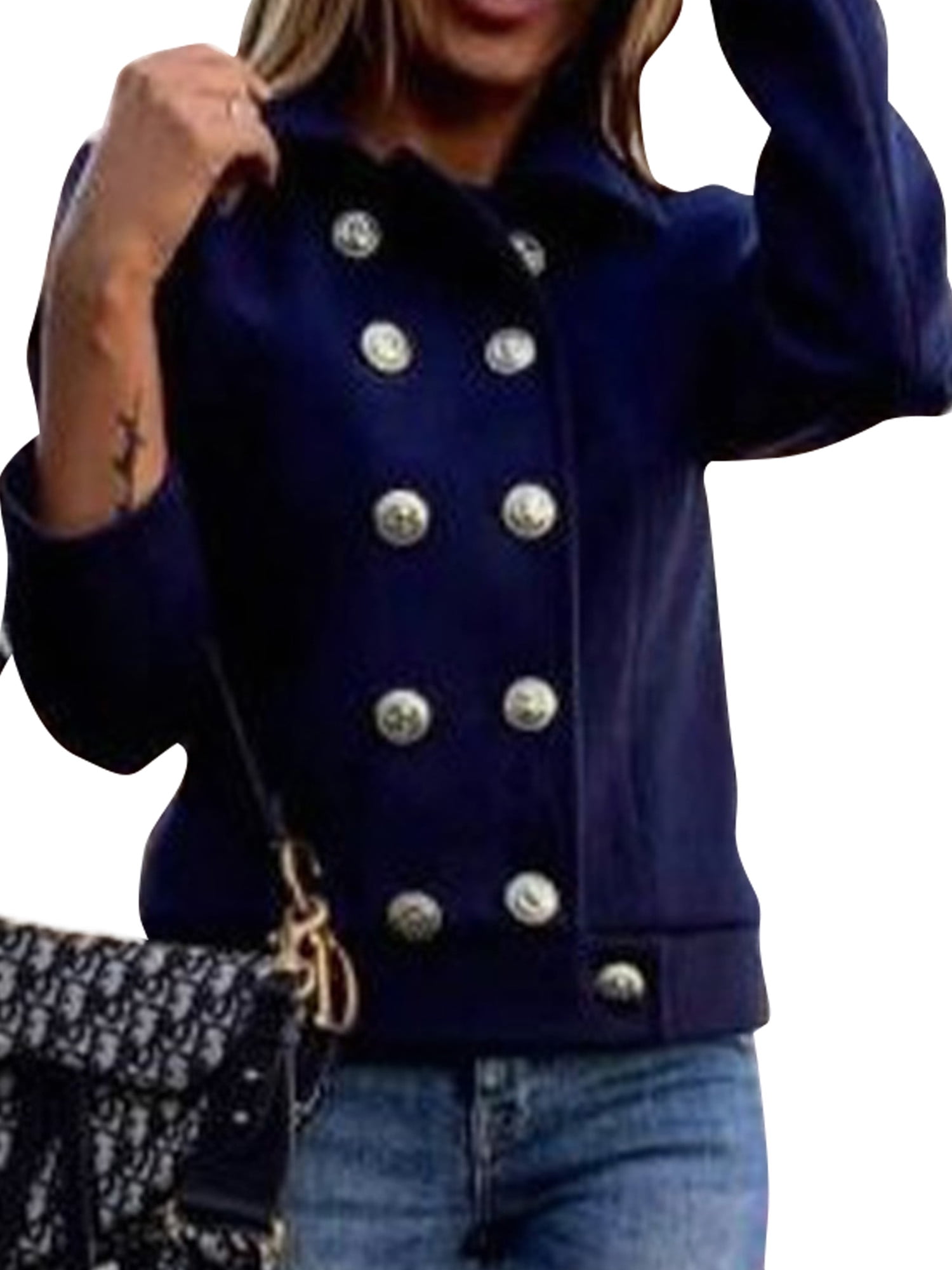 Grianlook Ladies Classic Solid Color Jacket Lapel Double Breasted Short ...