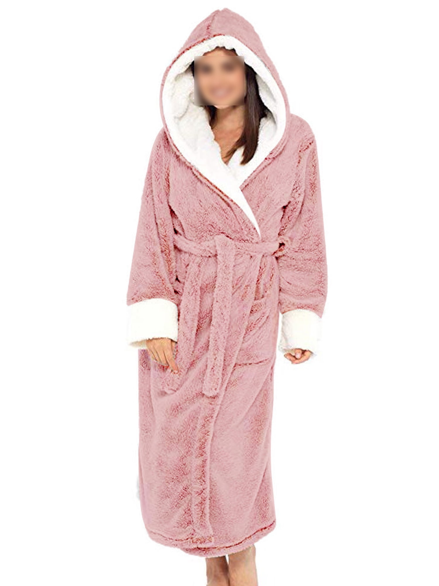 Grianlook Ladies Fuzzy Plush Bathrobe Solid Color Sleepwear Long Sleeve