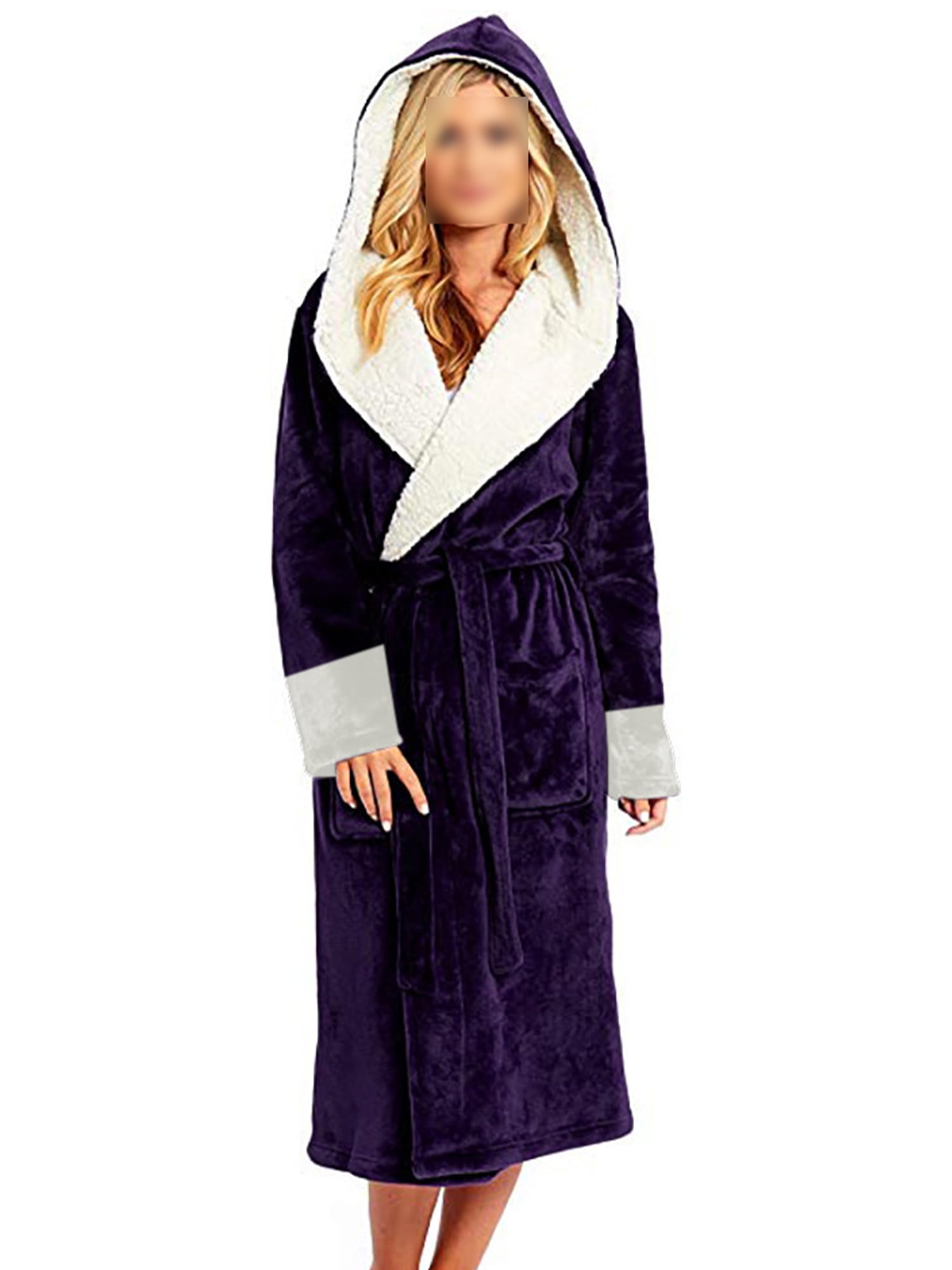 Grianlook Ladies Fuzzy Plush Bathrobe Solid Color Sleepwear Long Sleeve ...