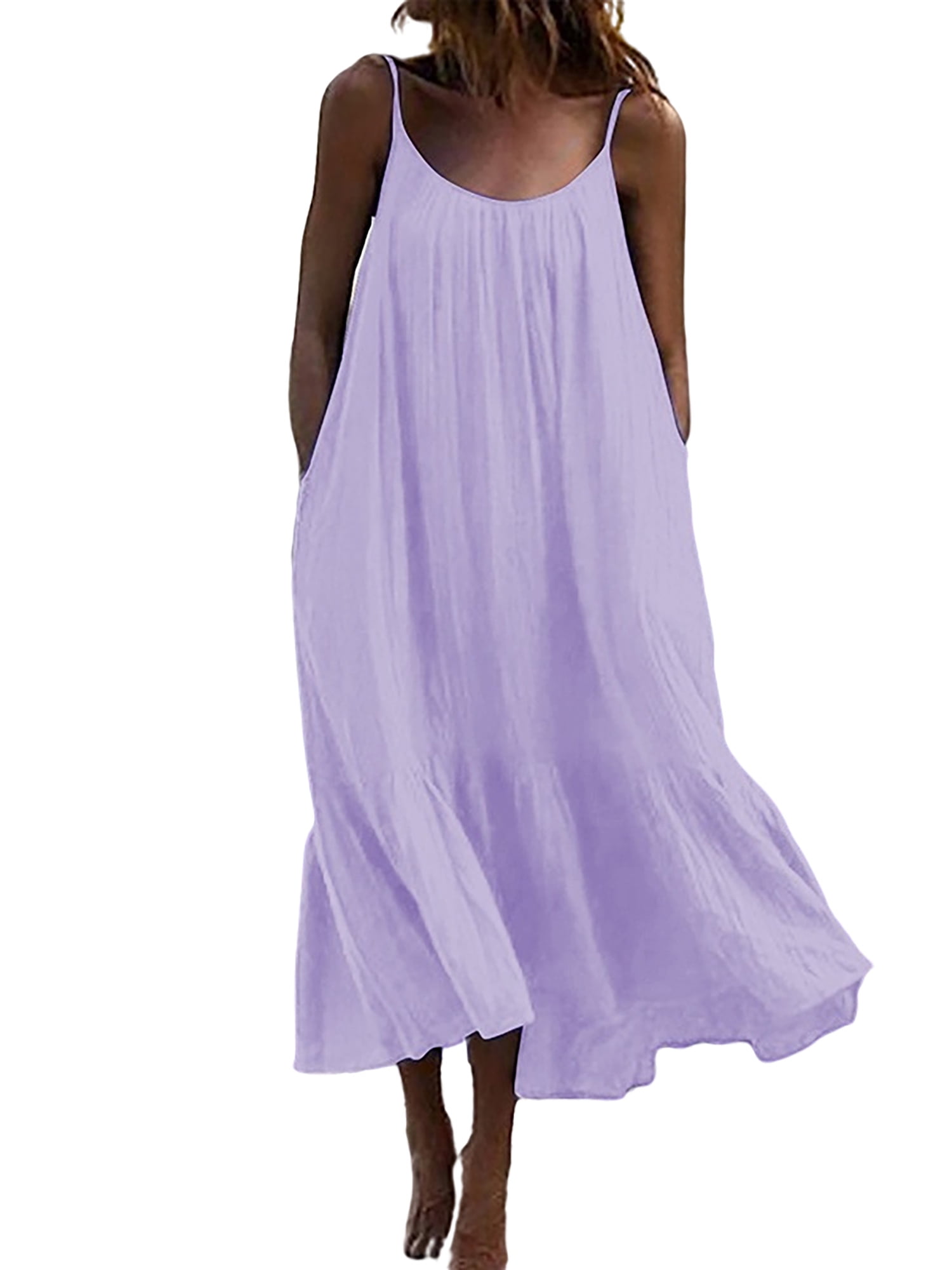 Grianlook Ladies Sexy Scoop Neck Maxi Dresses Ruffled Solid Color ...