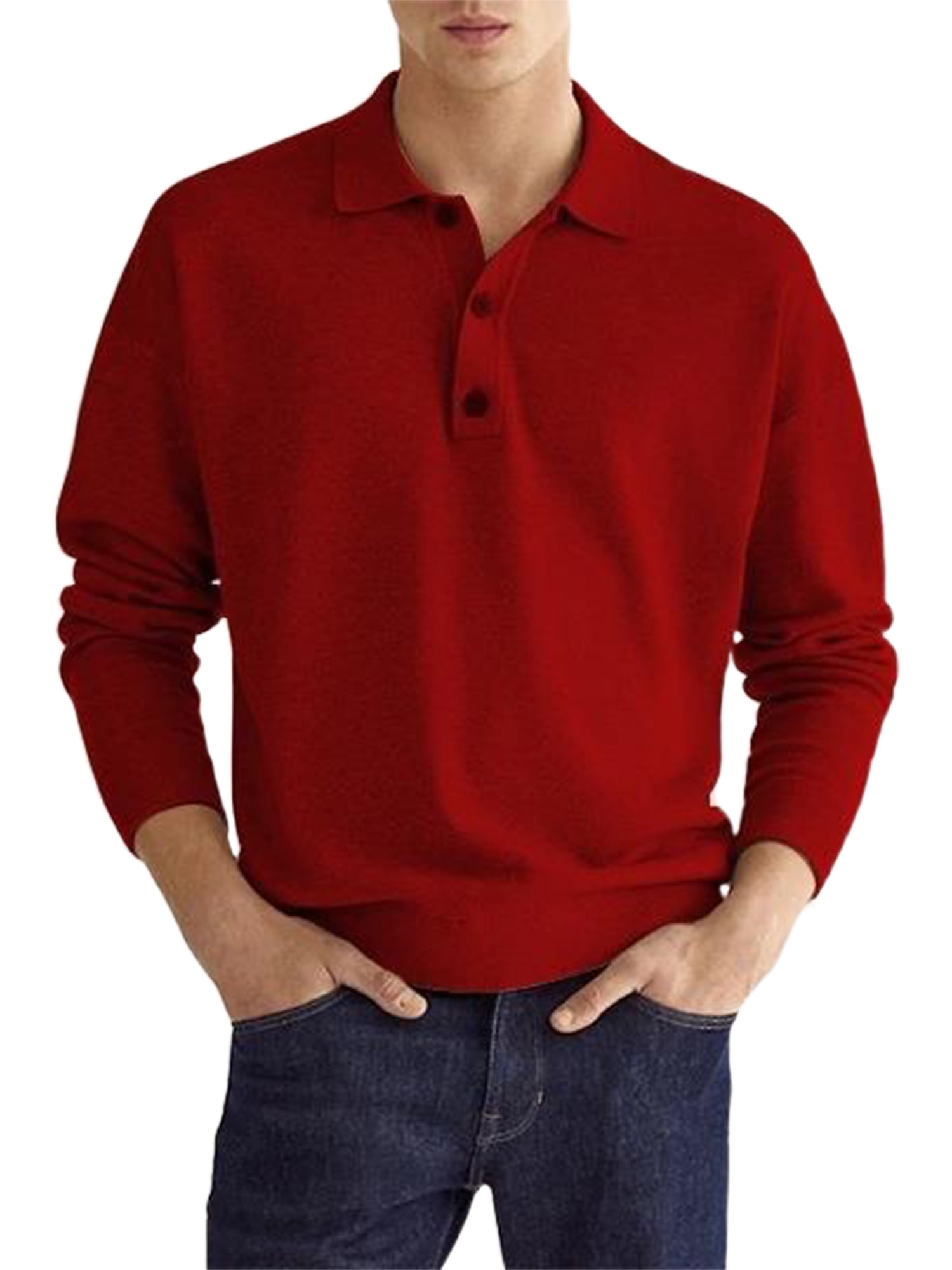 Grianlook Mens Casual Front Buttons T Shirts Long Sleeve Lapel Neck ...