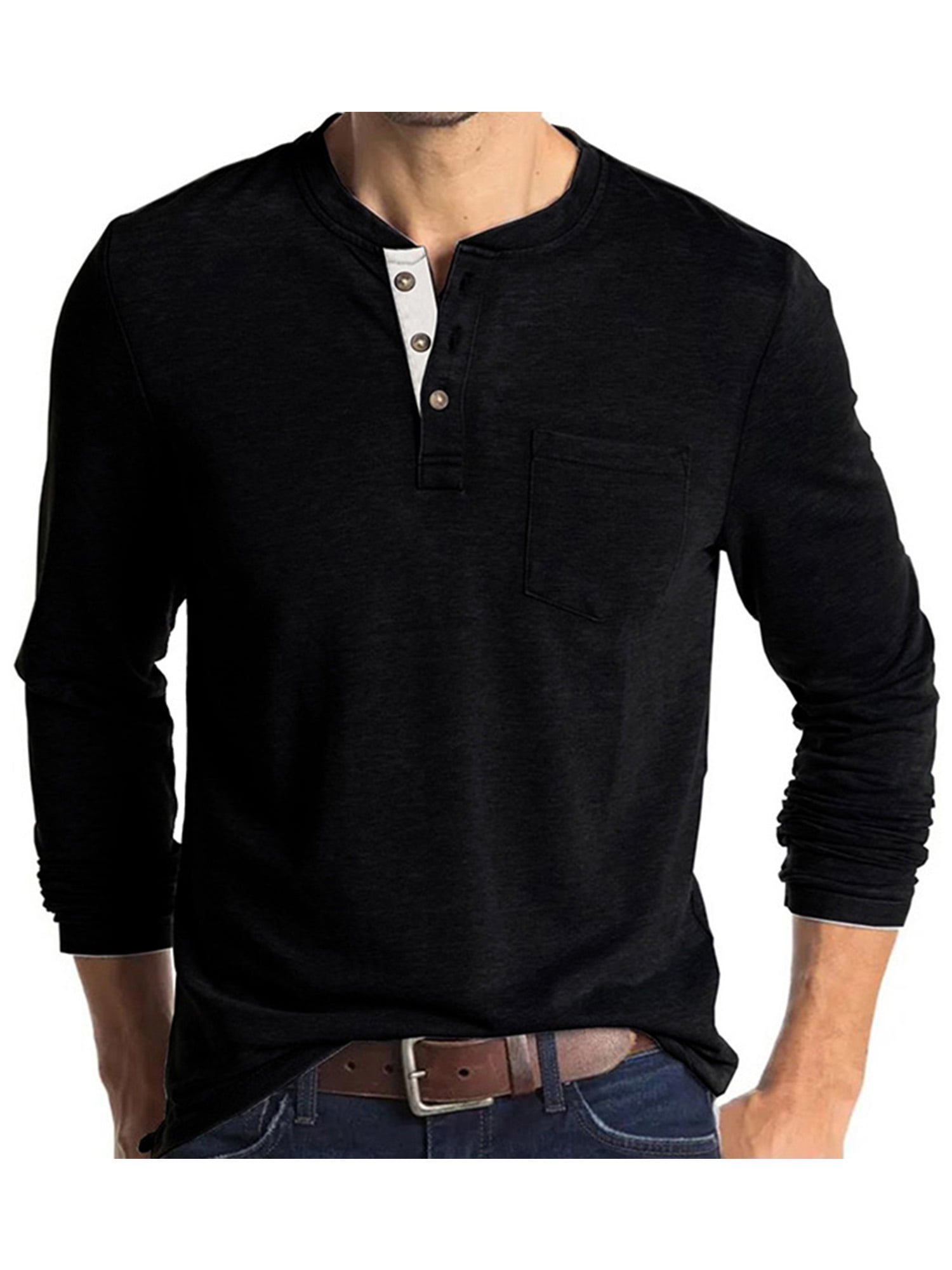 Grianlook Mens Casual Long Sleeve Tops Button Down Front Pocket Basic ...