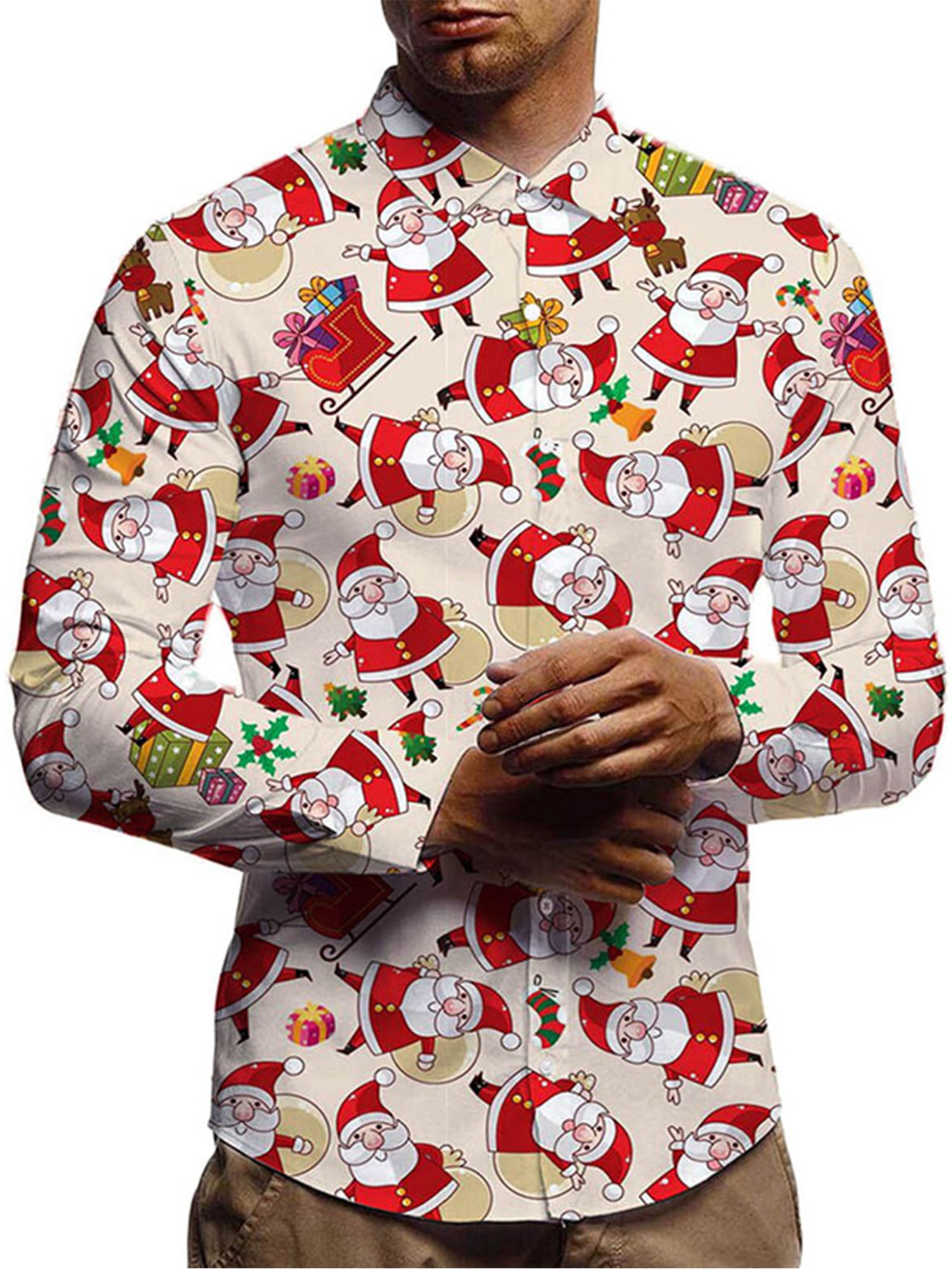 Grianlook Mens Christmas Santa Claus Shirt Elk Snowflake Print Long ...