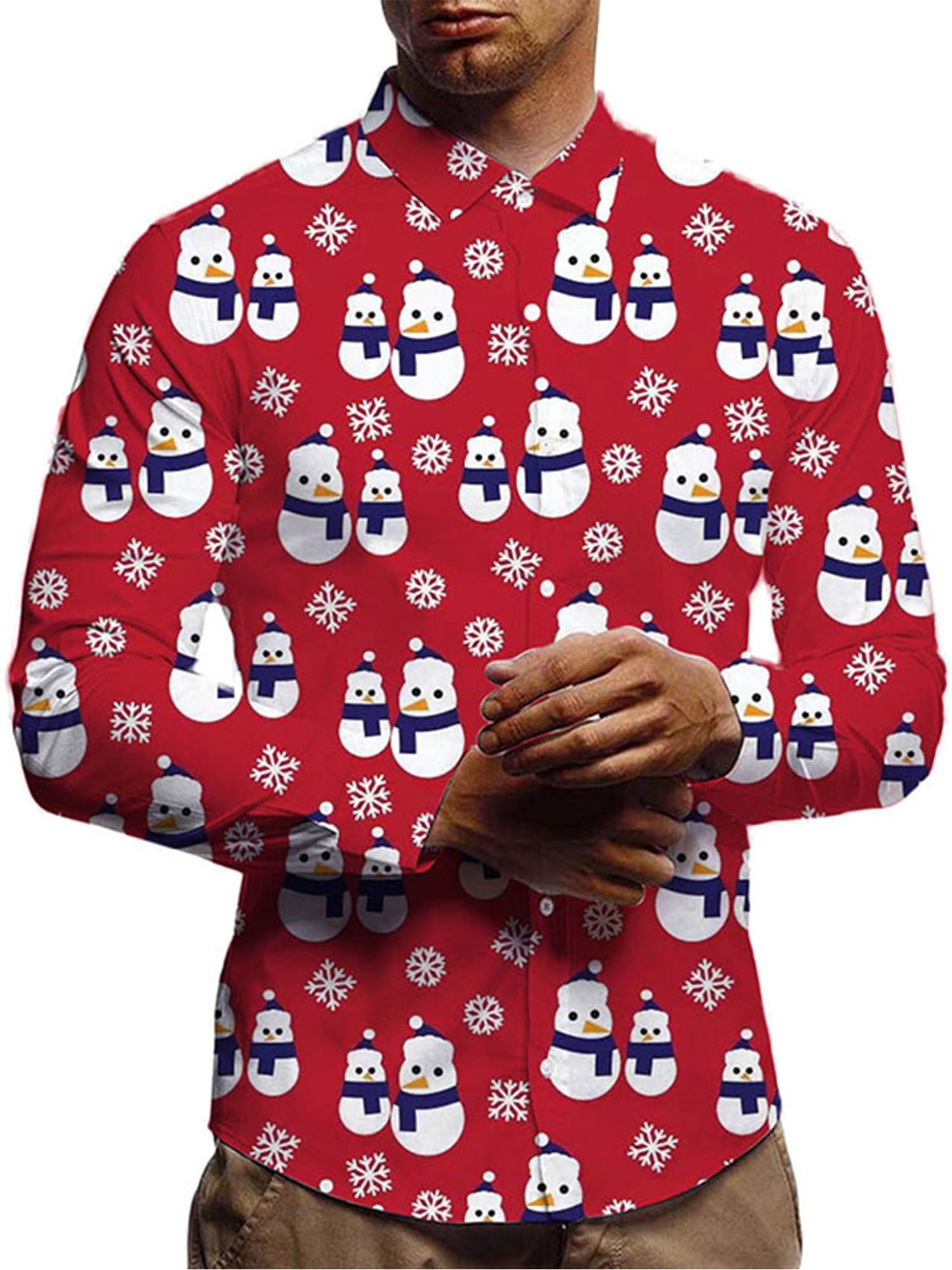 Grianlook Mens Christmas Santa Claus Shirt Elk Snowflake Print Long ...