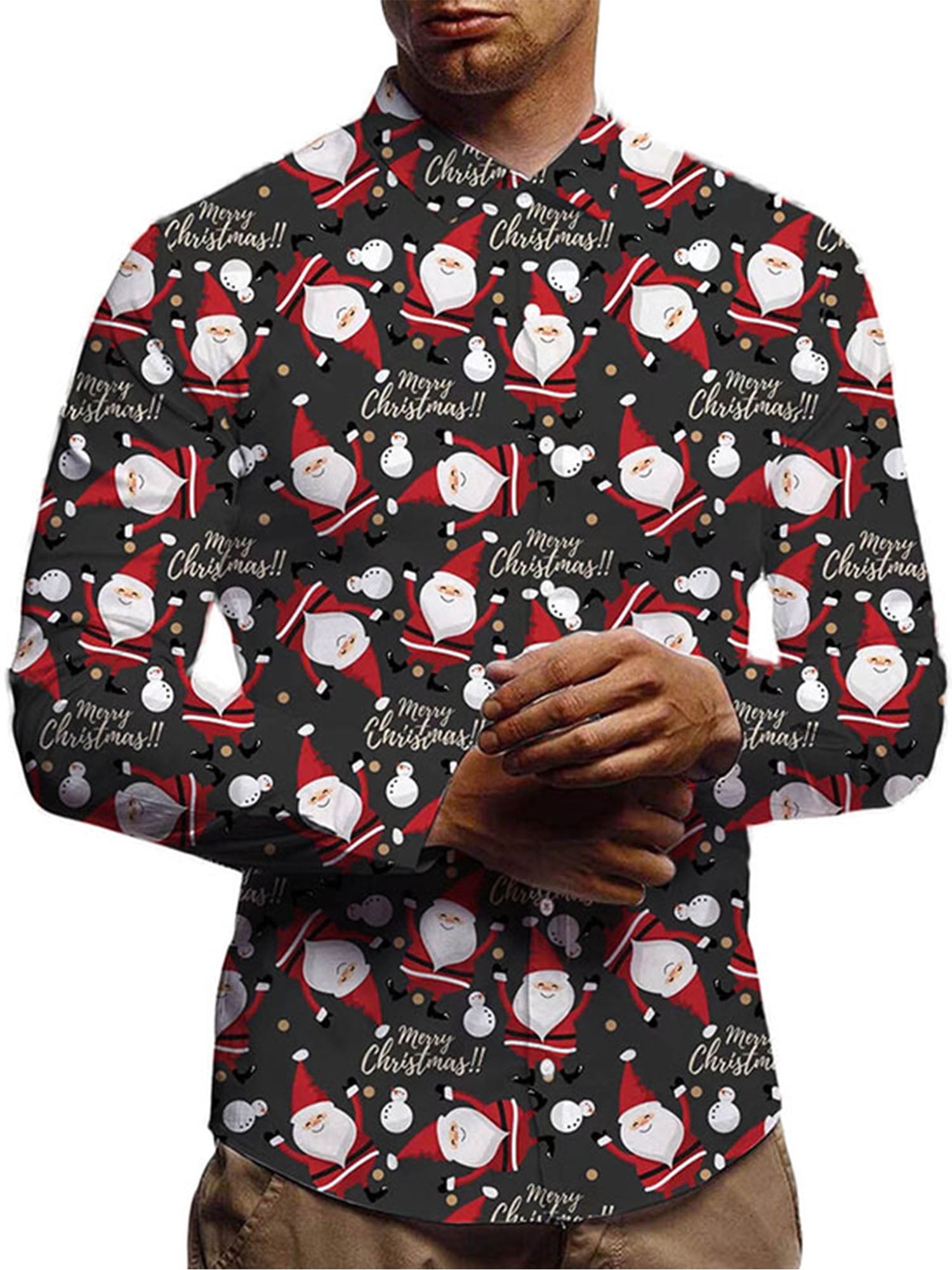 Grianlook Mens Christmas Santa Claus Shirt Elk Snowflake Print Long ...