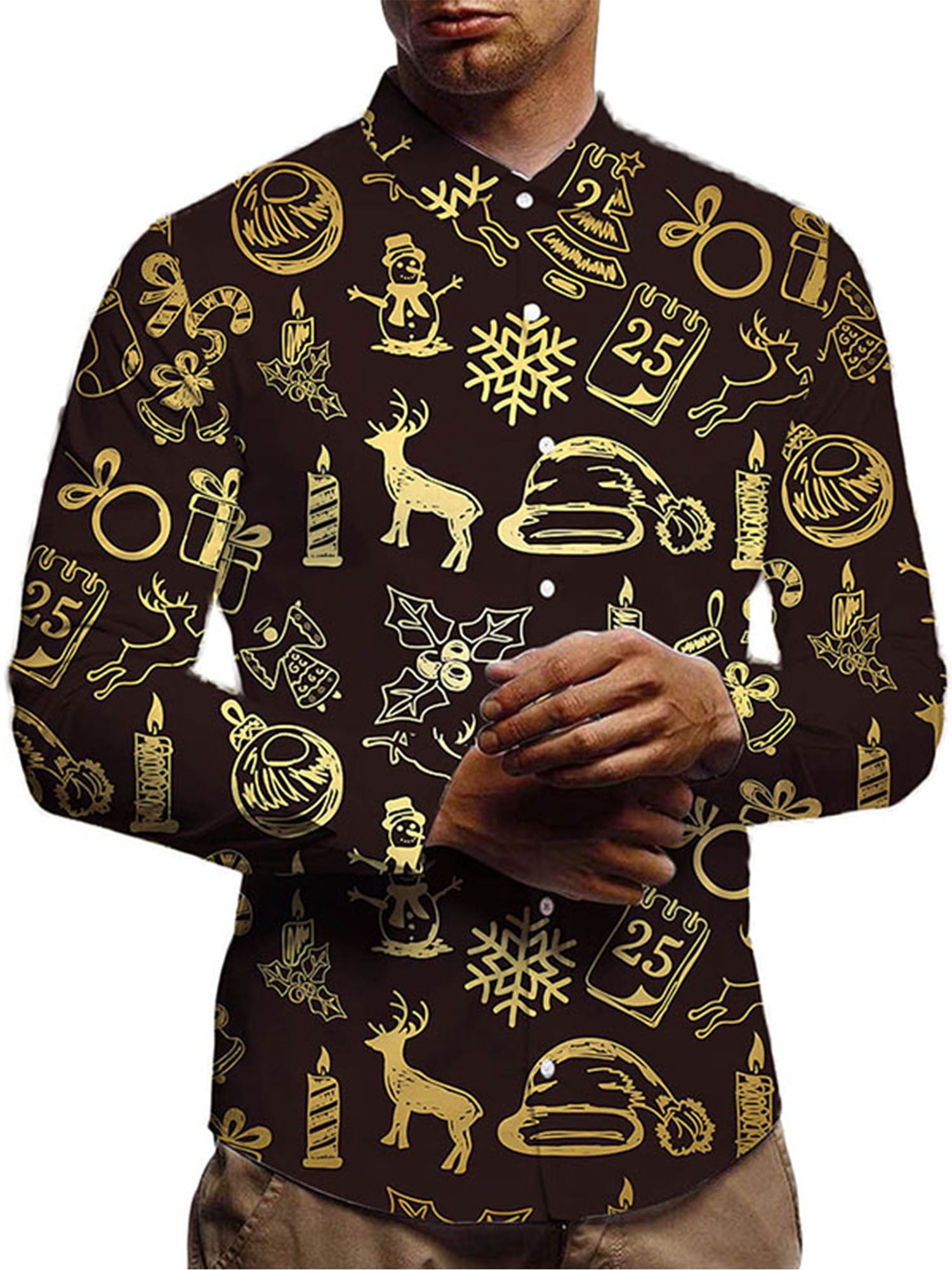 Grianlook Mens Christmas Santa Claus Shirt Elk Snowflake Print Long ...