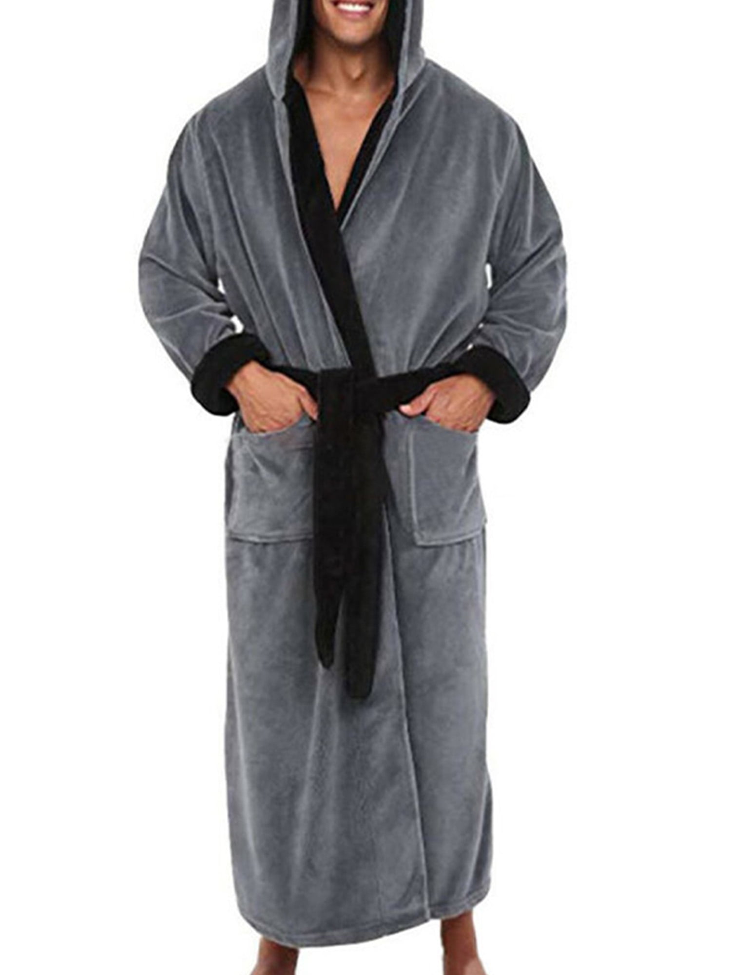 Grianlook Mens Dressing Gown Solid Color Wrap Robe Long Sleeve Bath ...