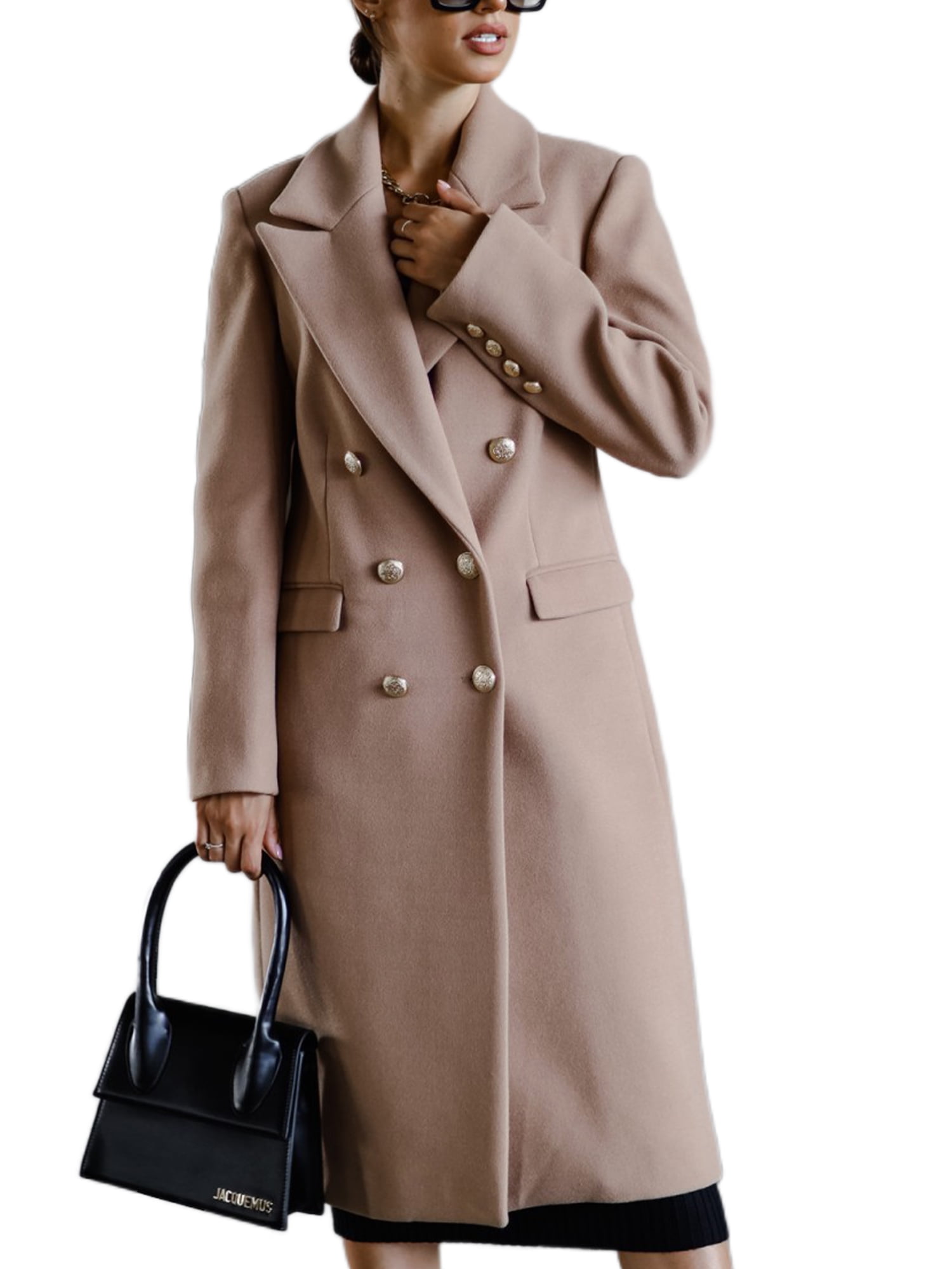 Grianlook Women Cardigan Double Breasted Wool Pea Coat Notch Lapel ...