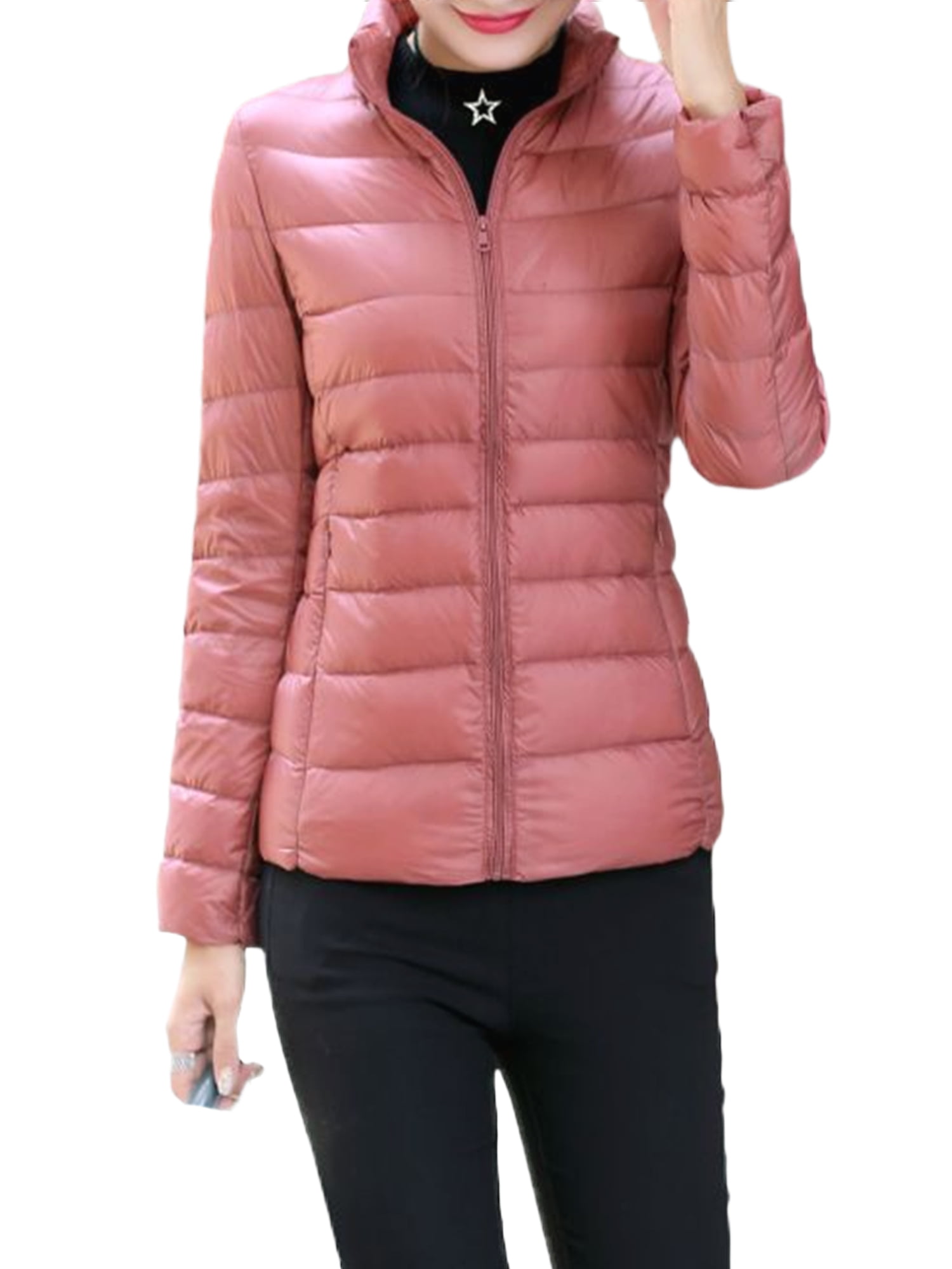 Grianlook Women Quilted Coat Stand Collar Puffer Jacket Solid Color ...