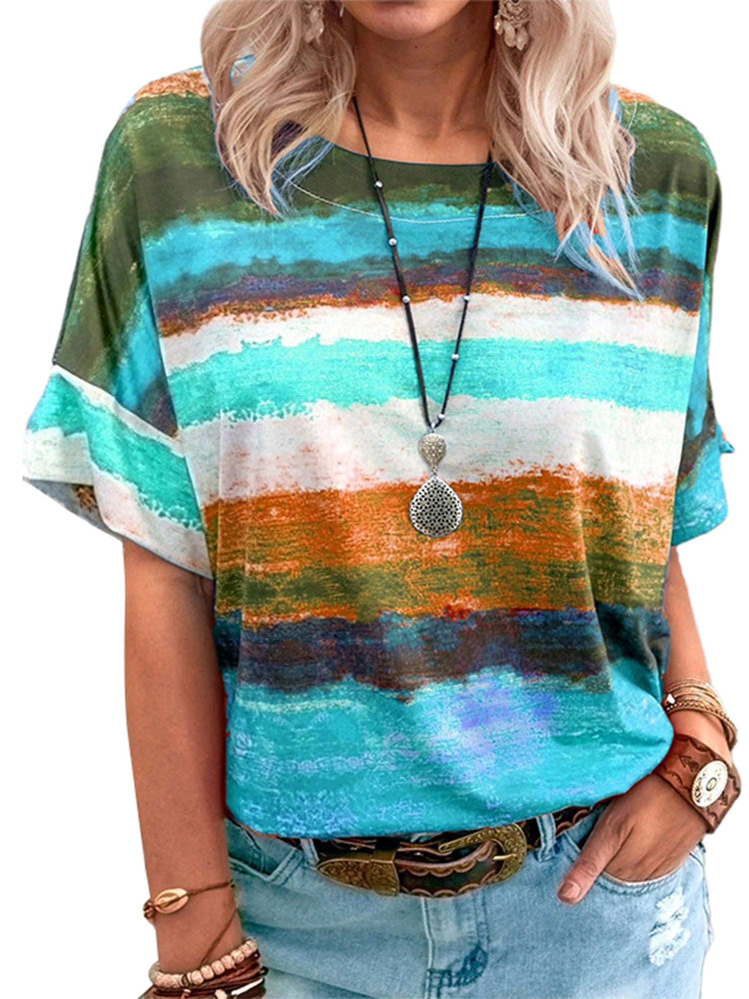 Grianlook Women Round Collar Gradient T-shirt Stripe Short Sleeve Tee ...
