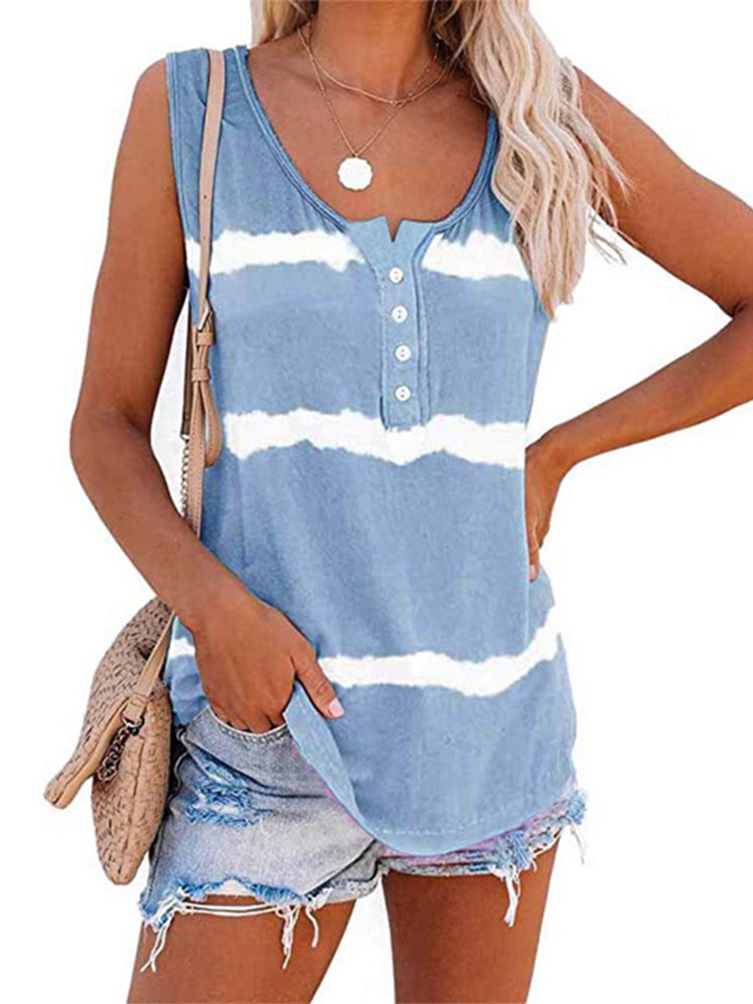 Grianlook Women Sexy Button Up Tank Tops Henry Neck Sleeveless Tee Daily Wear Striped Print ...