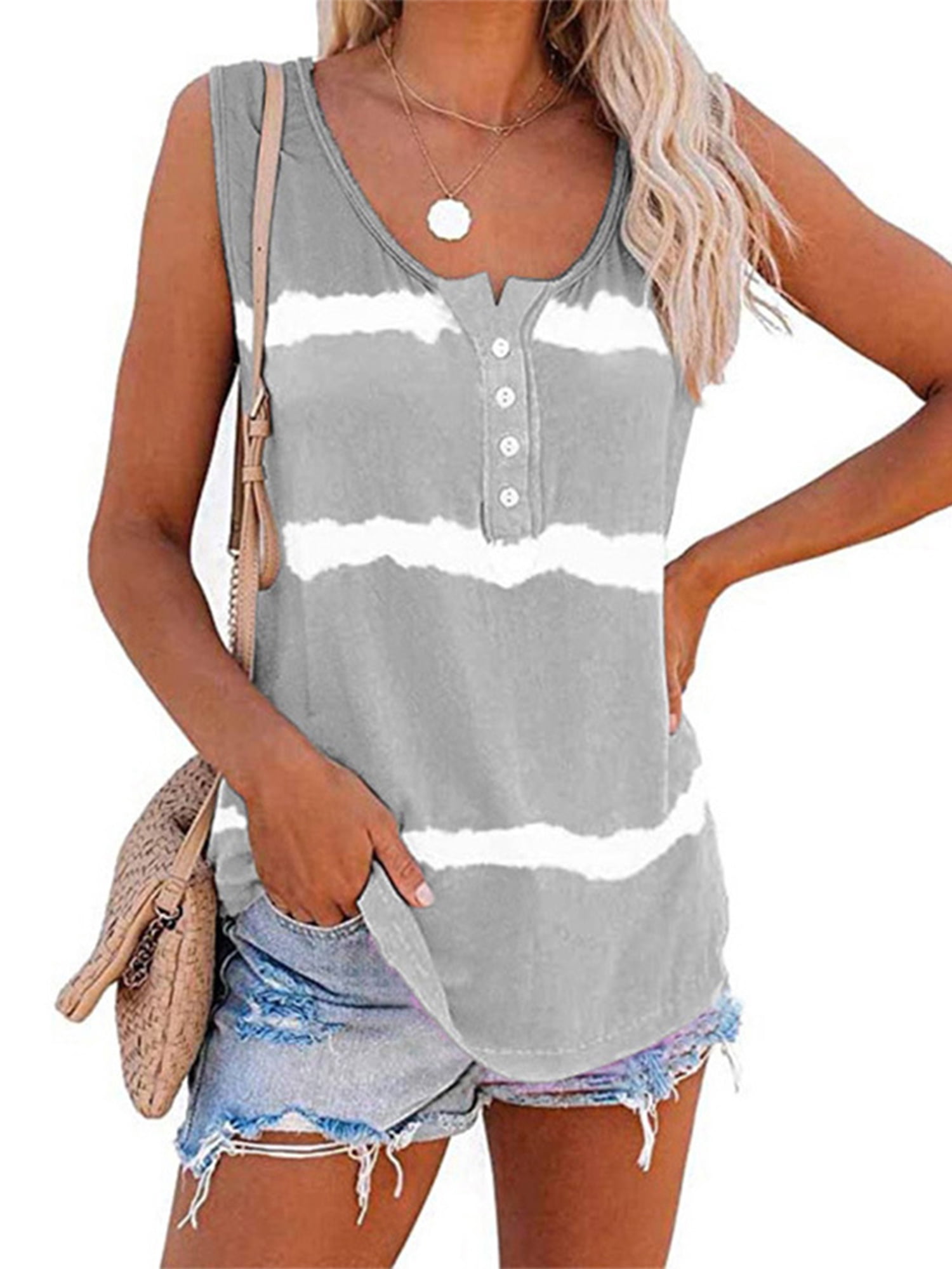 Grianlook Women Sexy Button Up Tank Tops Henry Neck Sleeveless Tee ...
