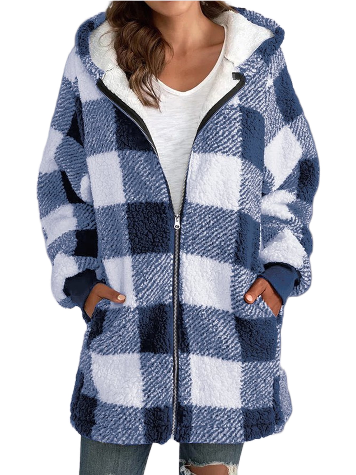 Grianlook Womens Winter Fuzzy Fleece Jacket Hooded Color Block ...