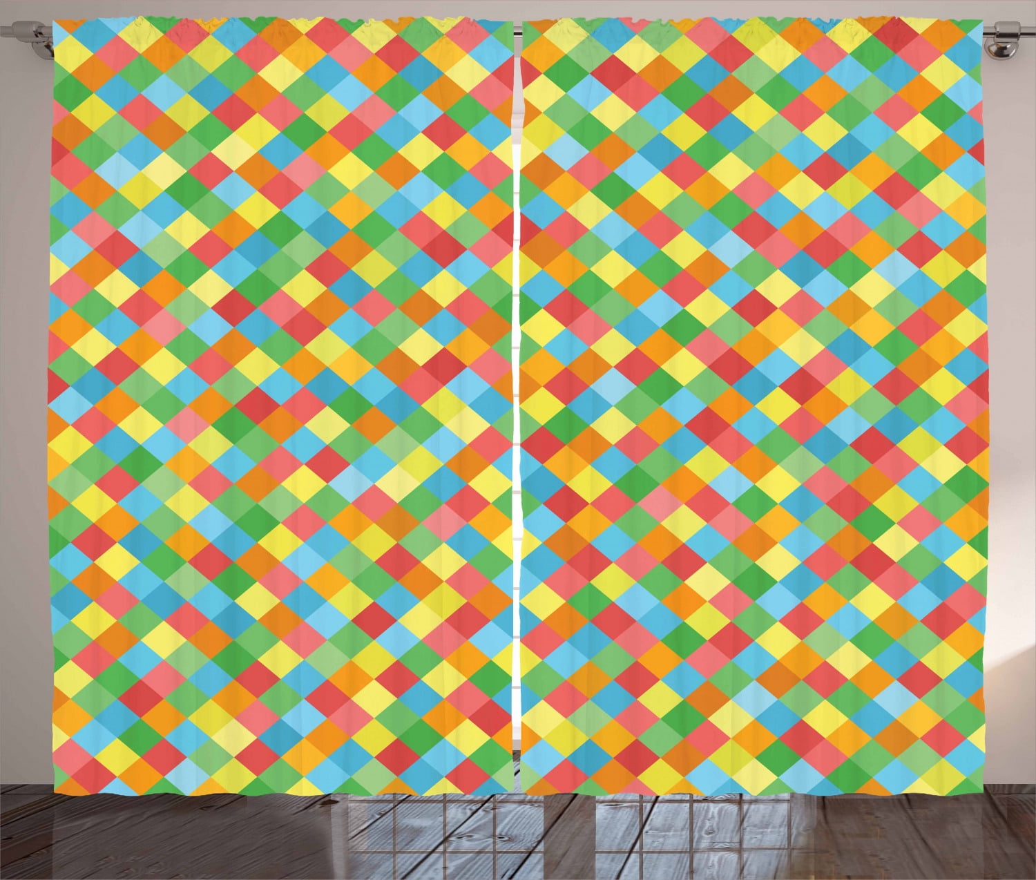Grid Curtains 2 Panels Set, Mosaic Tile Inspired Colorful Geometric ...