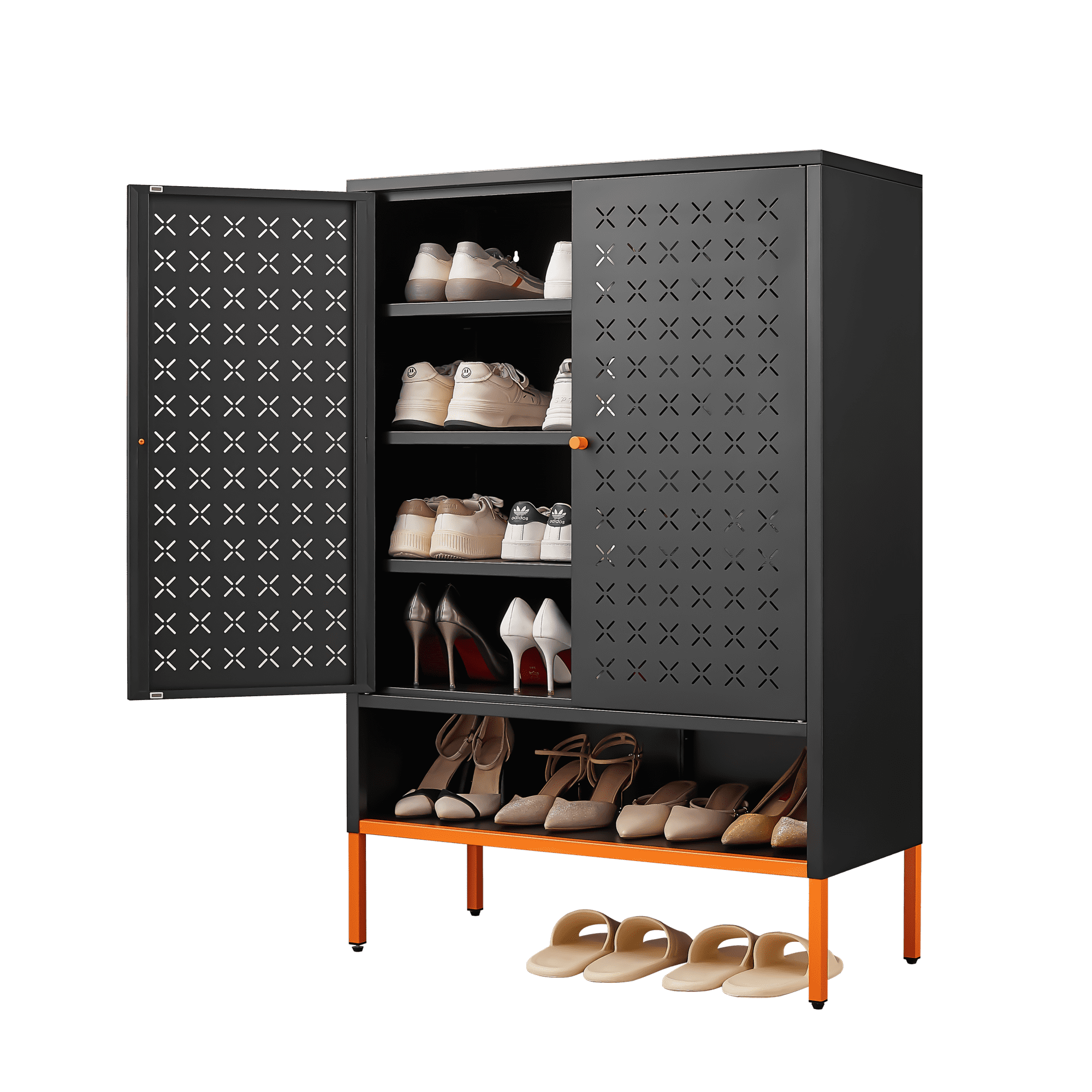 Grid Double Door Shoe Cabinet, 3 Layer Adjustable Compartments for ...